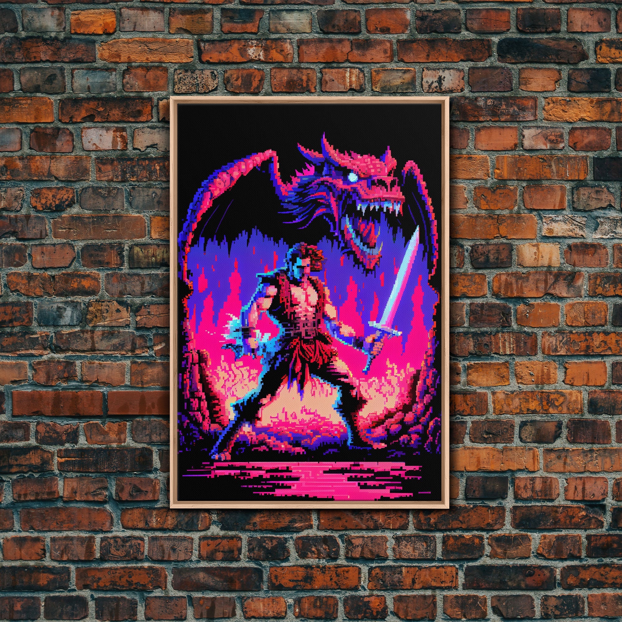 Tabletop RPG art, vaporwave neon aesthetic, Barbarian art, framed canv
