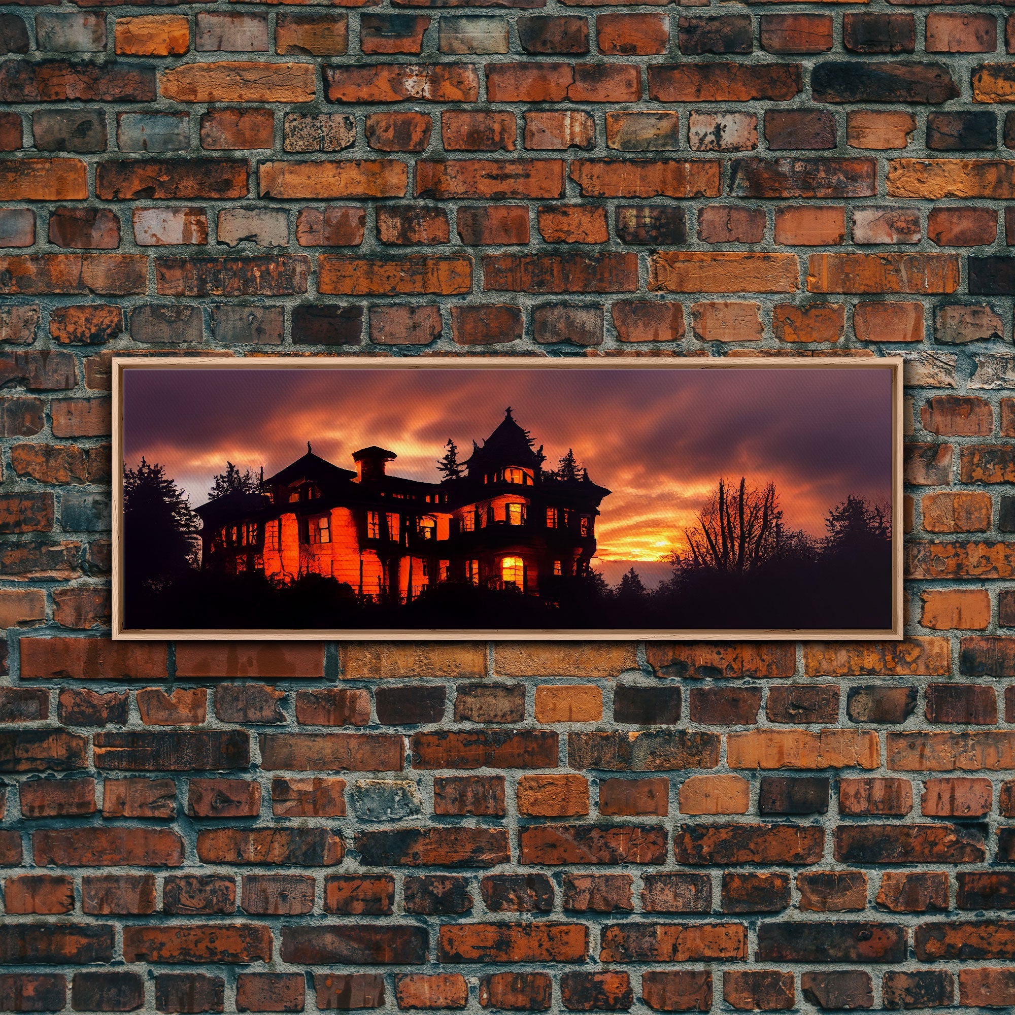 Spooky Haunted House, Panoramic Wall Art Canvas Print, Ready To Hang,