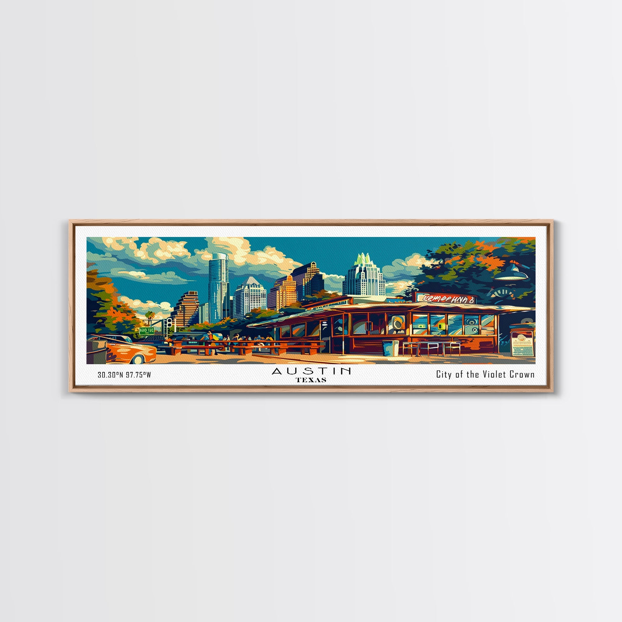 Austin Texas Panoramic Travel Poster Framed Canvas Print, Mid Century