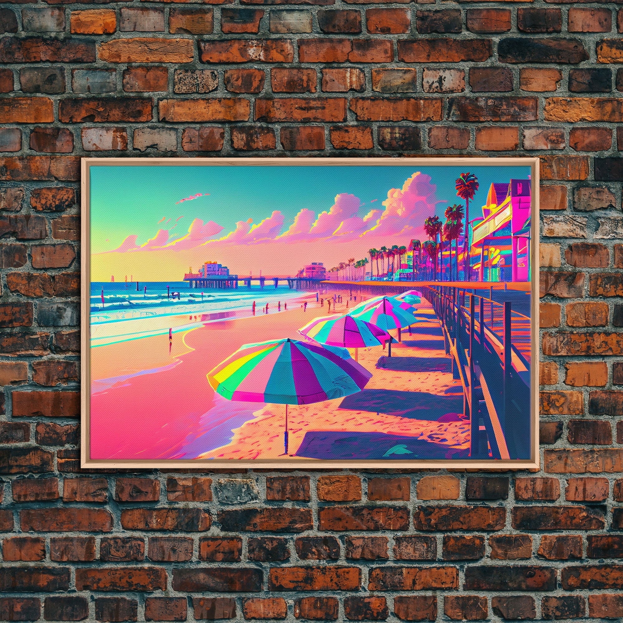 Neon Pastel wall art, vaporwave aesthetic boardwalk, neon beach, frame