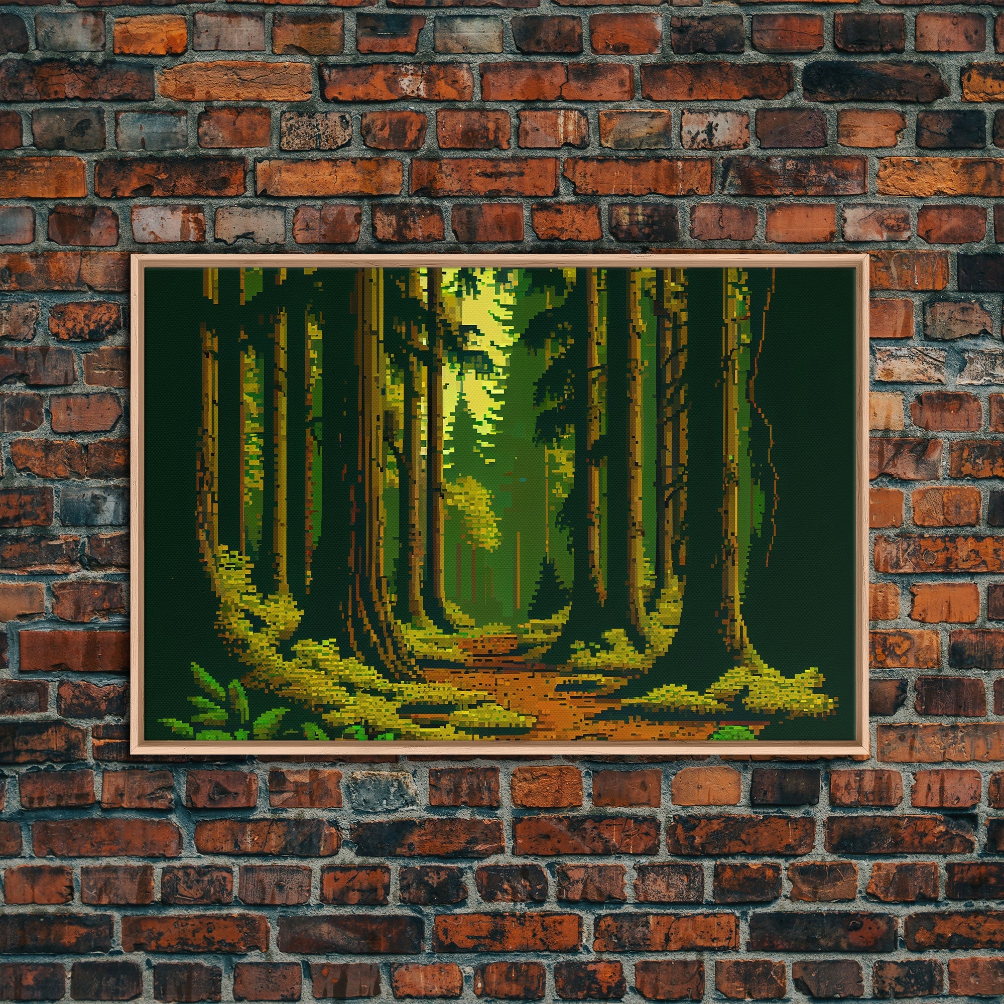 Among The Tall Trees, Beautiful forest 8 bit pixel art, framed canvas