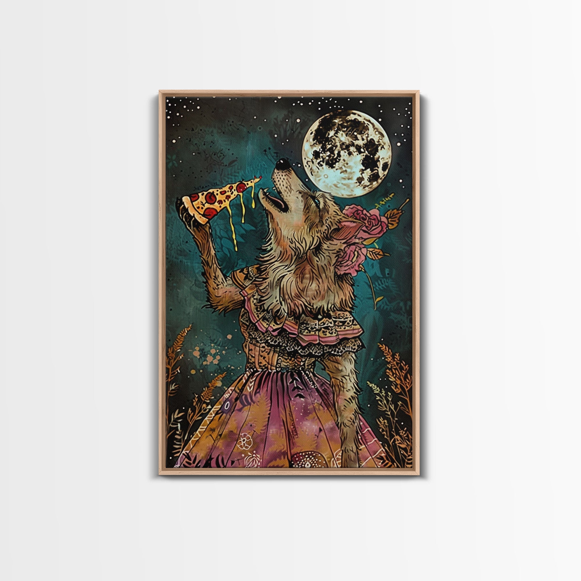 Werewolf Devouring a Pizza in a Colorful Halloween Setting, Bringing a