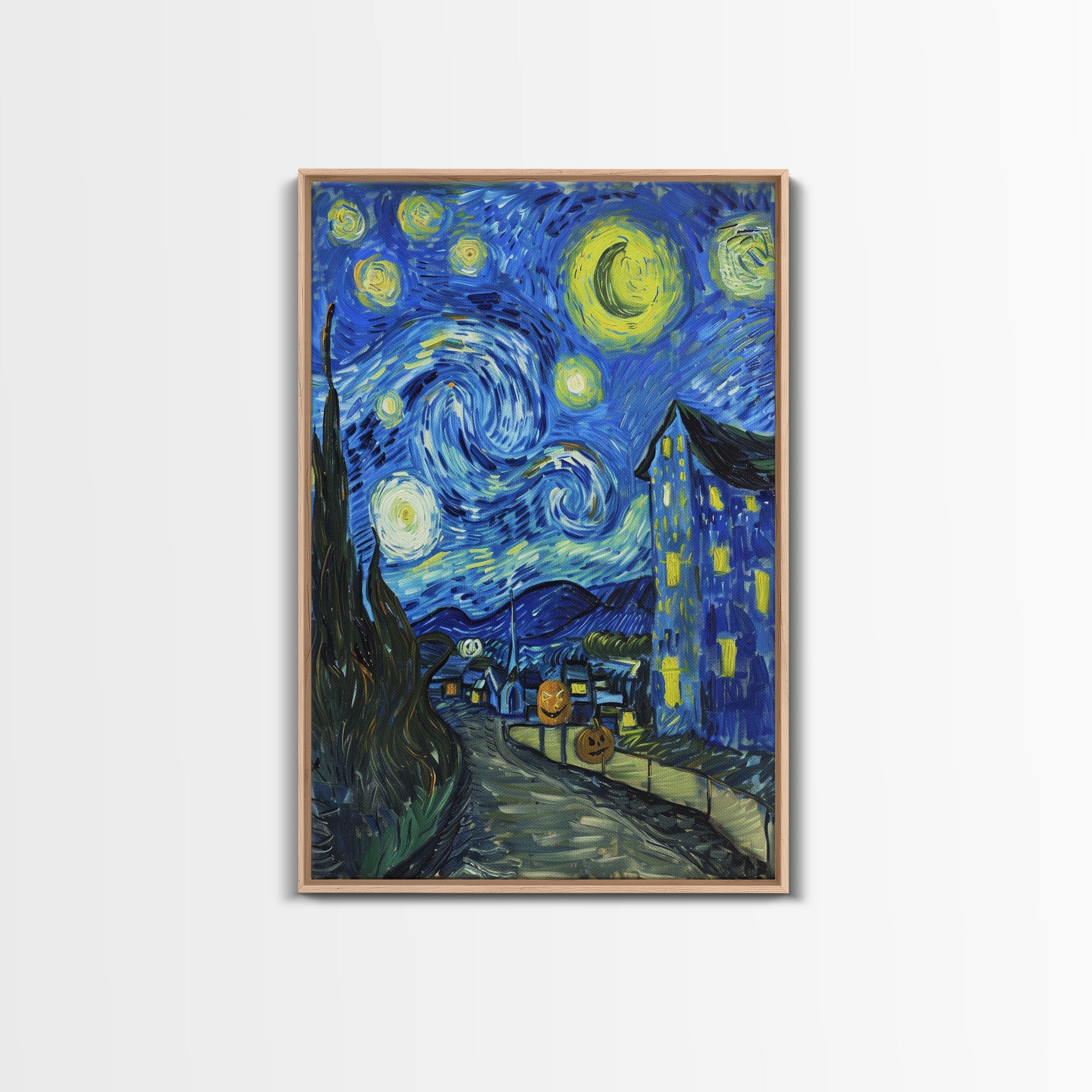 Starry Night Inspired Haunted Halloween Village Framed Canvas Print, V