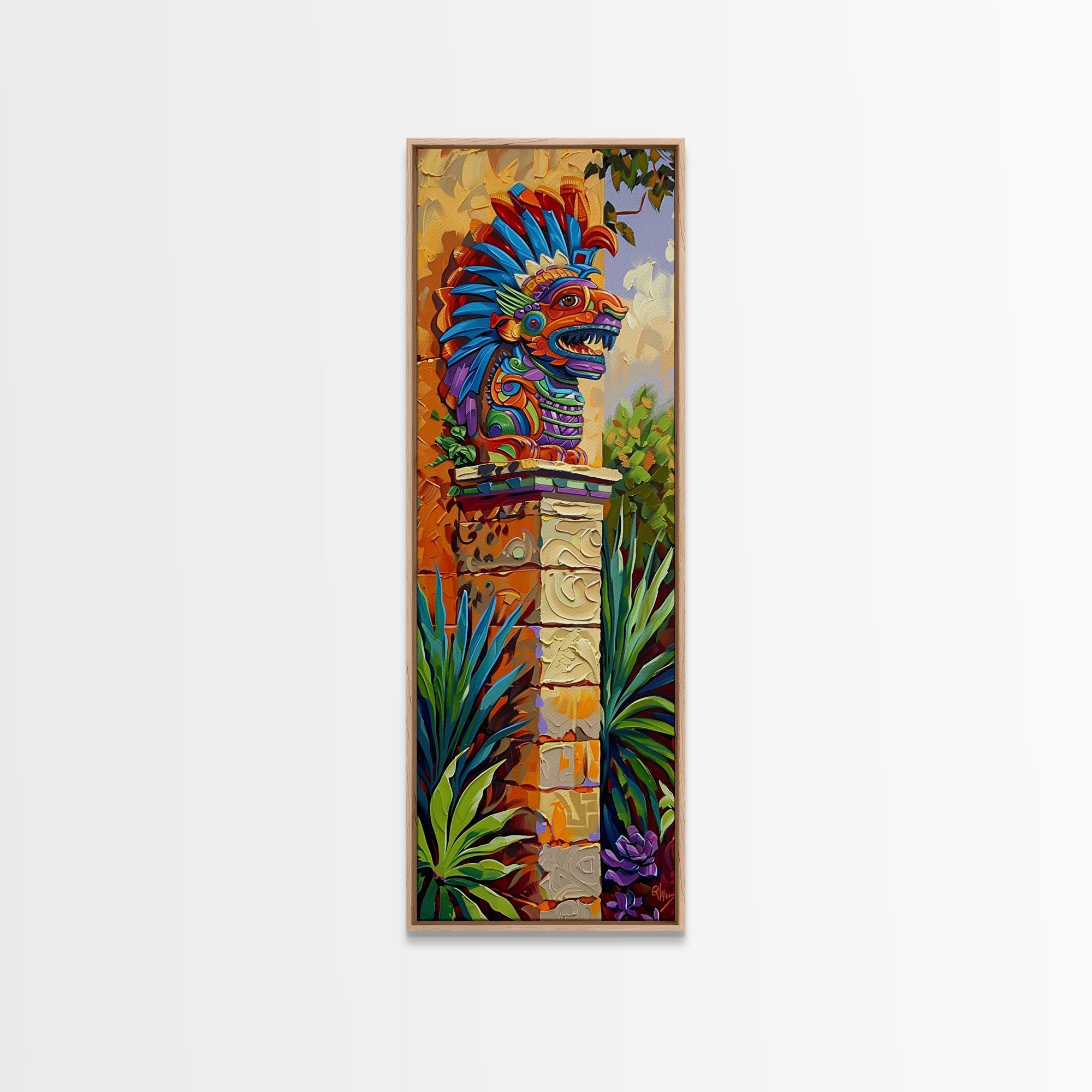 Aztec Inspired Canvas Painting Framed and Printed, Long Narrow Wall Ar