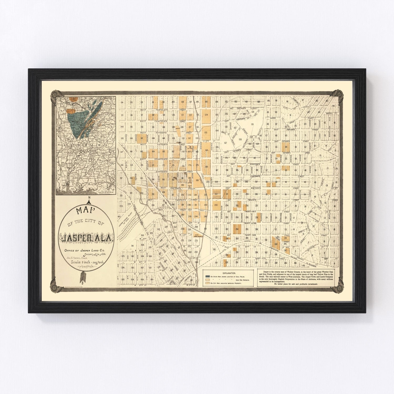 Vintage Map of Jasper, Alabama 1891