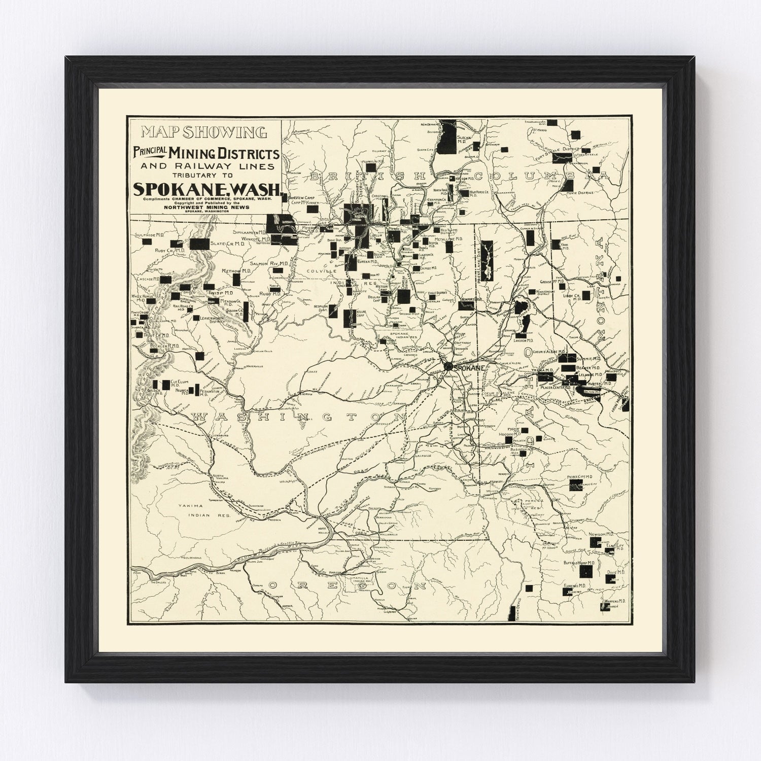 Vintage Map of Spokane Mining Districts, 1909