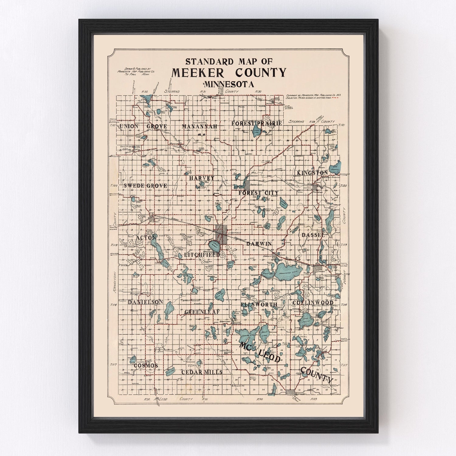 Vintage Map of Meeker County, Minnesota 1913