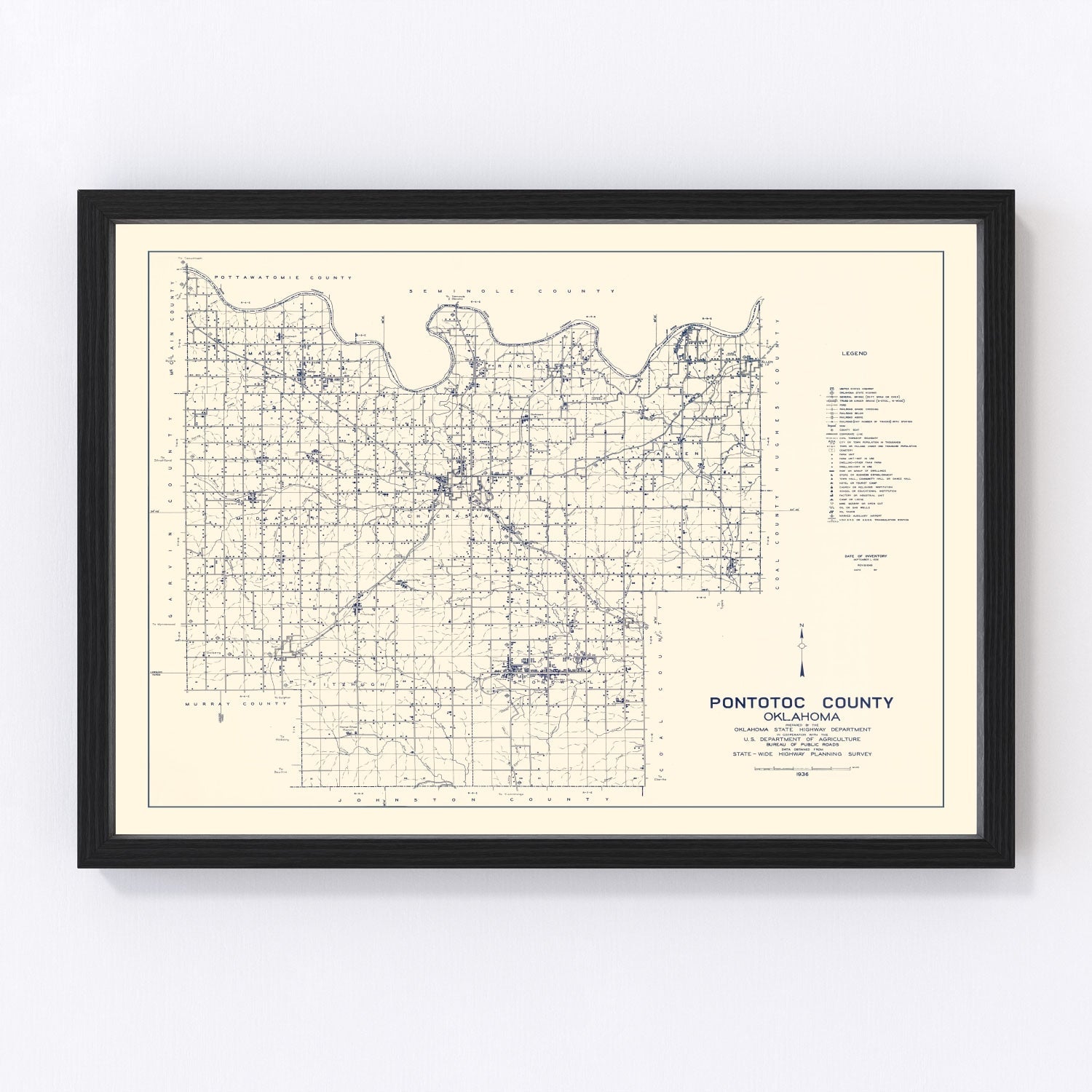 Vintage Map of Pontotoc County, Oklahoma 1936