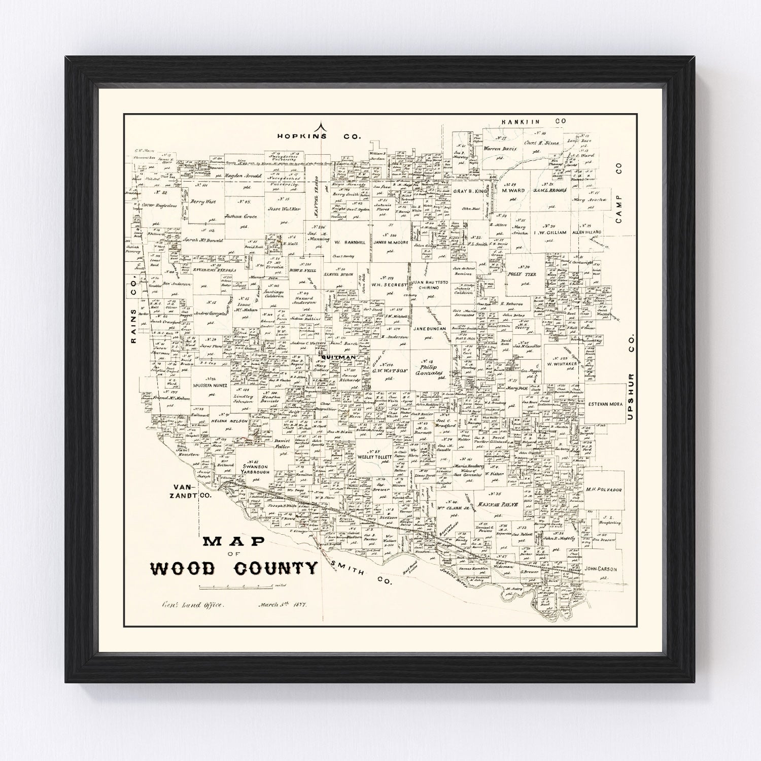 Vintage Map of Wood County, Texas 1877