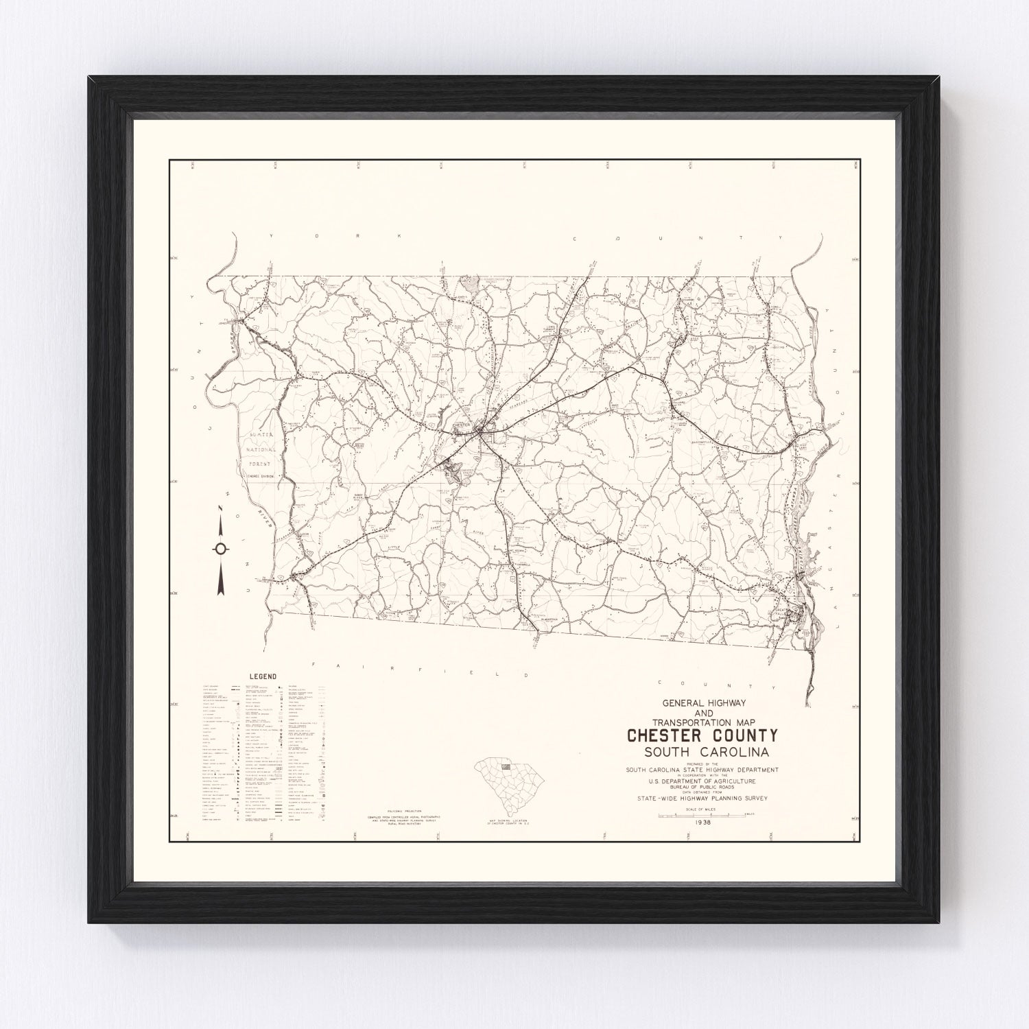 Vintage Map of Chester County, South Carolina 1938