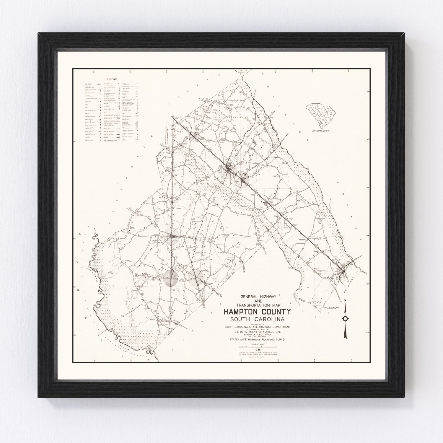 Vintage Map of Hampton County, South Carolina 1938