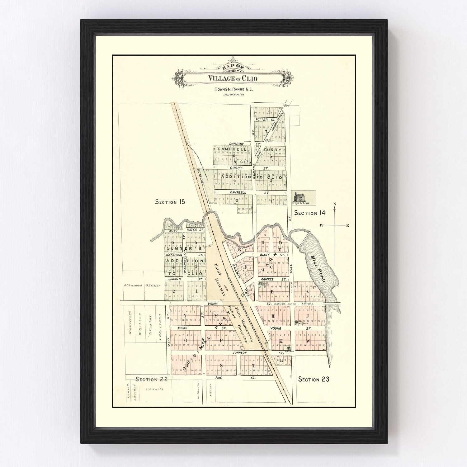 Vintage Map of Clio, Michigan 1889