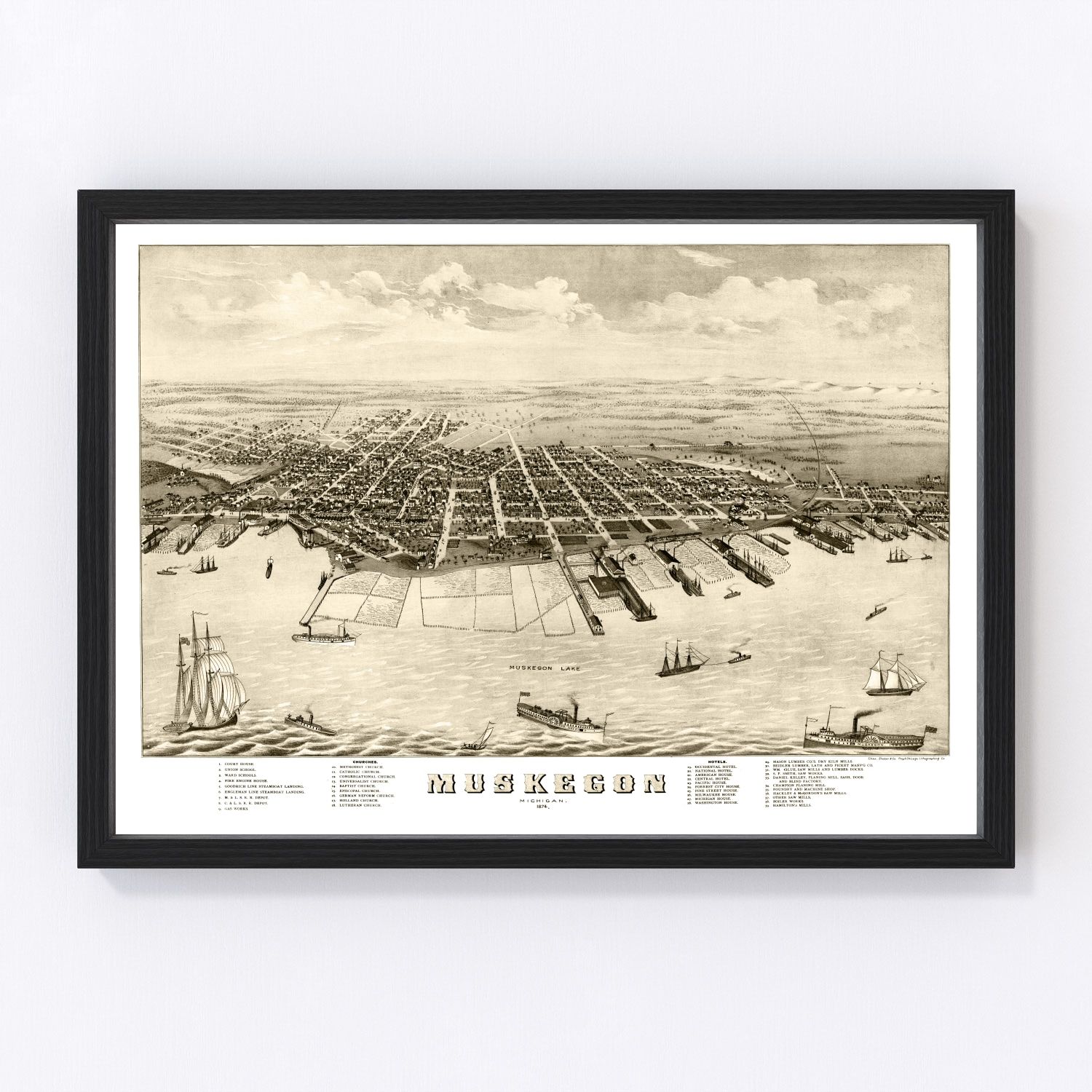 Vintage Map of Muskegon, Michigan 1874