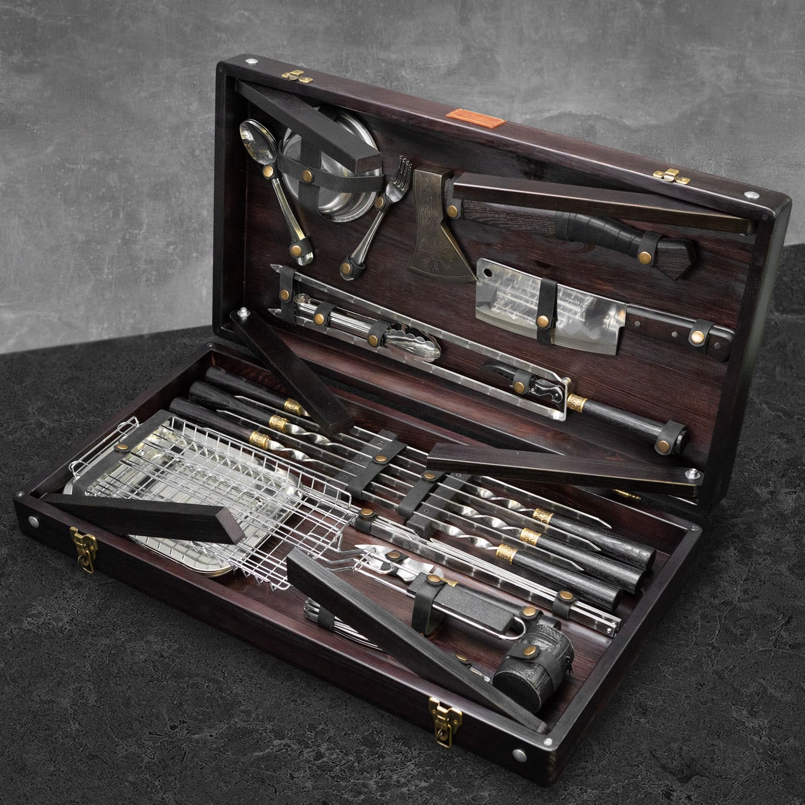 "Zebra" Grilling Accessories BBQ Skewers Set in a Wooden Case, 39 item