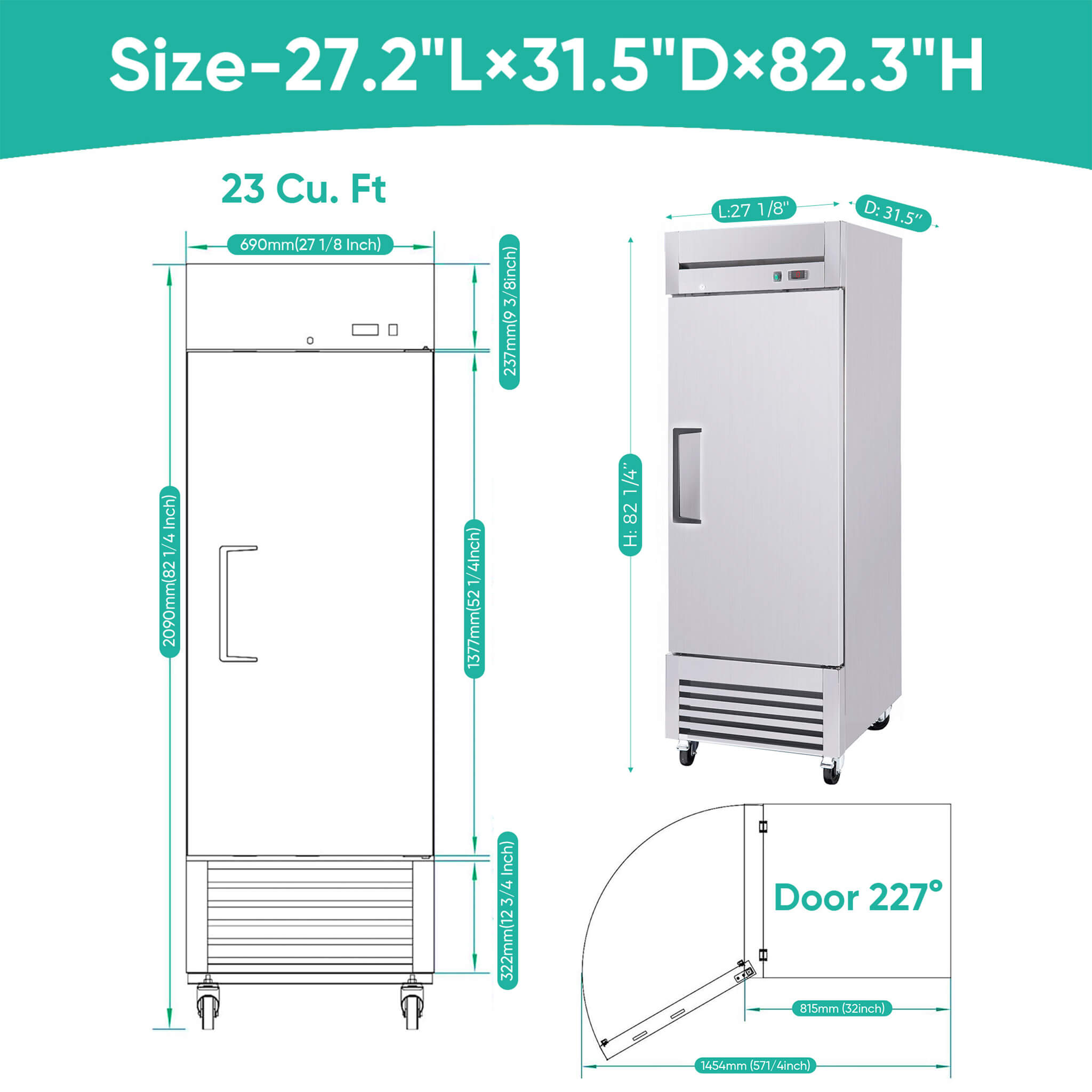 27-Inch 20.5 Cu.Ft Commercial Solid Door Stainless Steel Reach-In Free