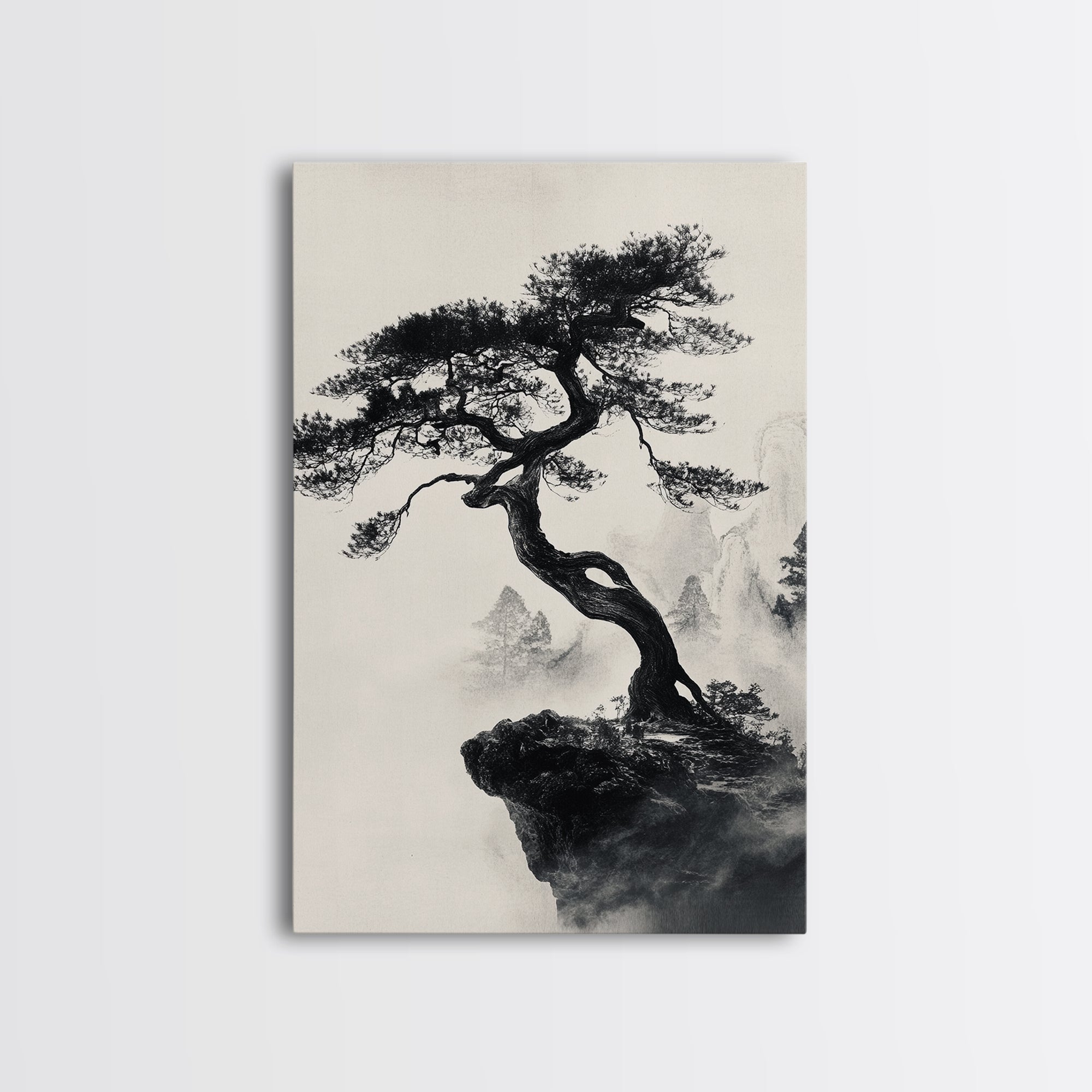 Bonzai Tree on a Cliff Wabi Sabi Painting Print, Wood Framed Wall Art,