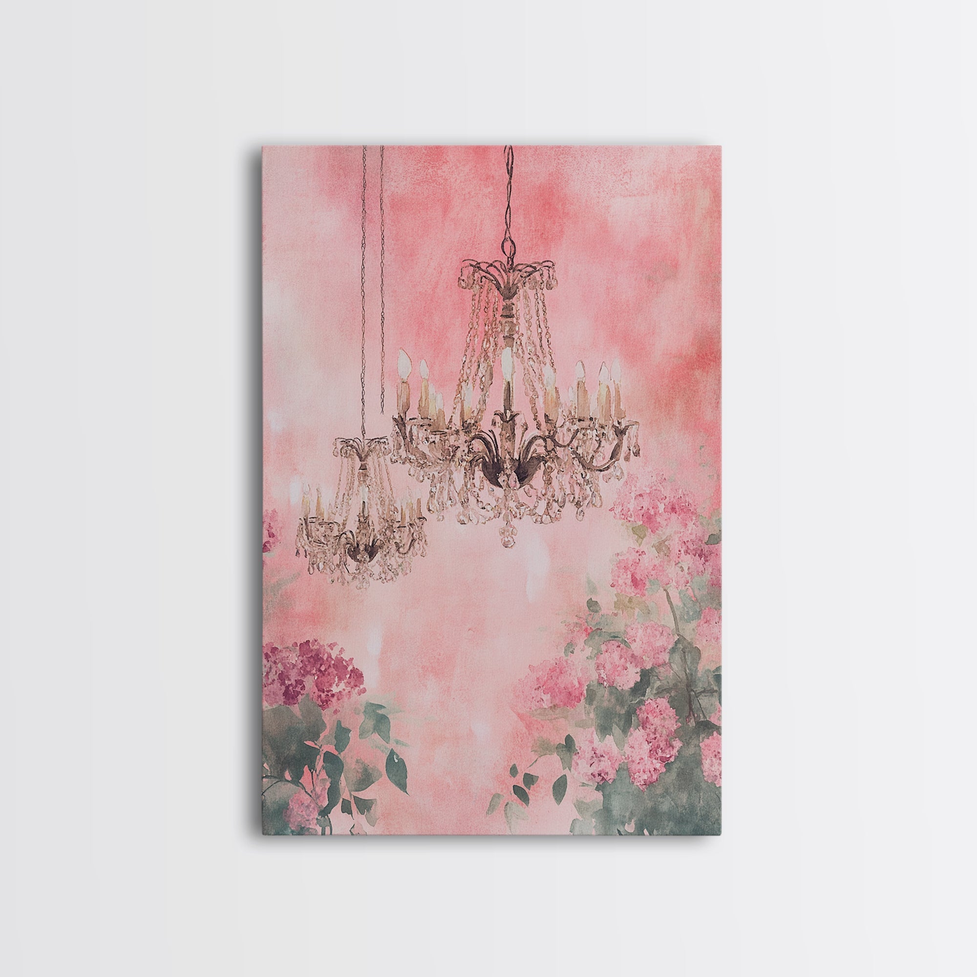 Pink Chandelier Painting Canvas Print Cottagecore Art Living Room Deco