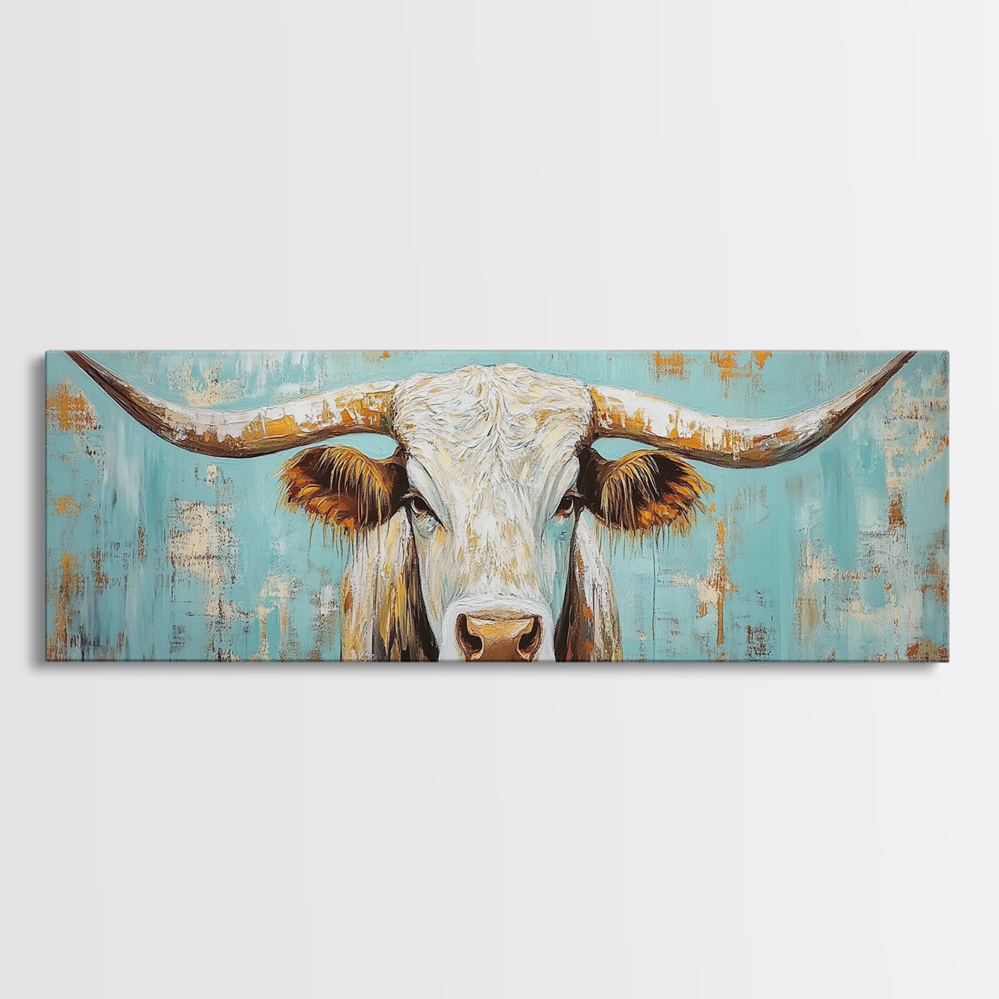 Texas Longhorn Portrait, Rustic Farmhouse Art, Boho Wall Art, Wabi Sab