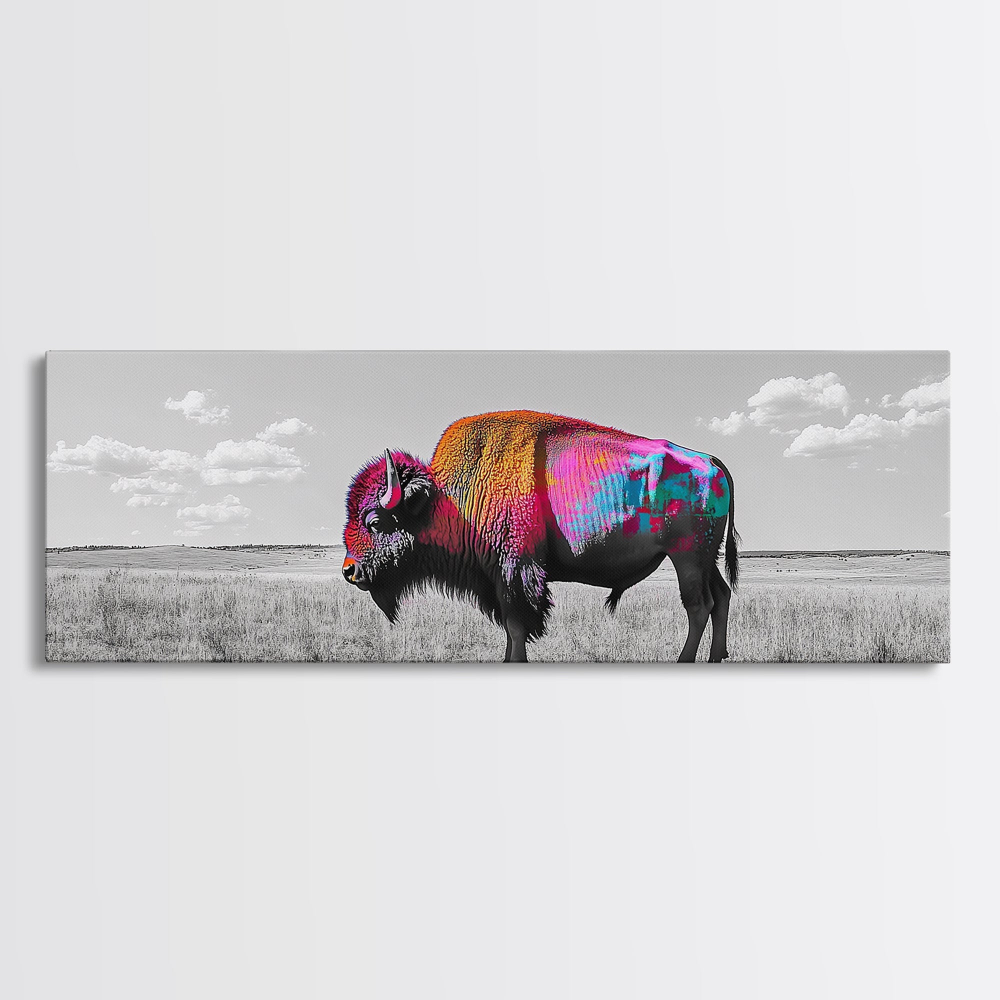 Colorful buffalo, blotter art, psychedelic aesthetic, vintage western