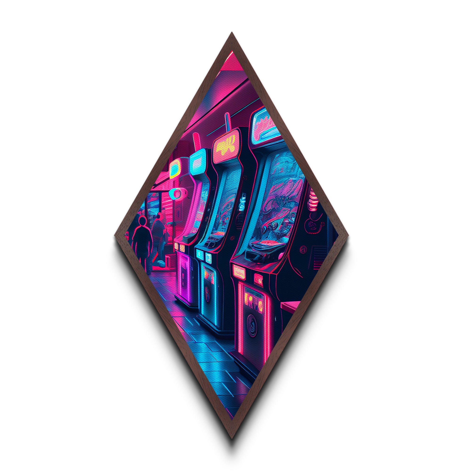 Neon Arcade Lights Diamond Shaped Canvas Textured Print, Retro Gaming