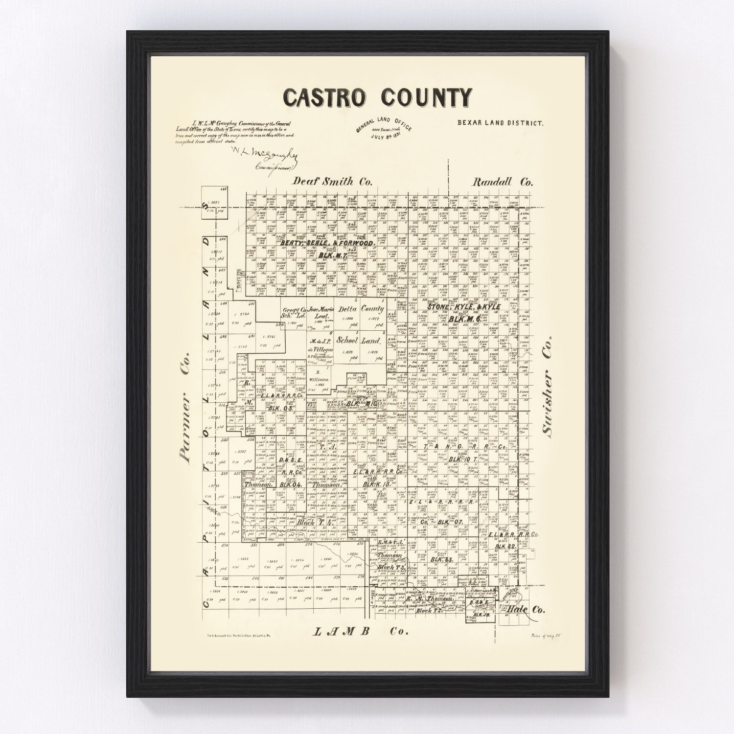 Vintage Map of Castro County, Texas 1891