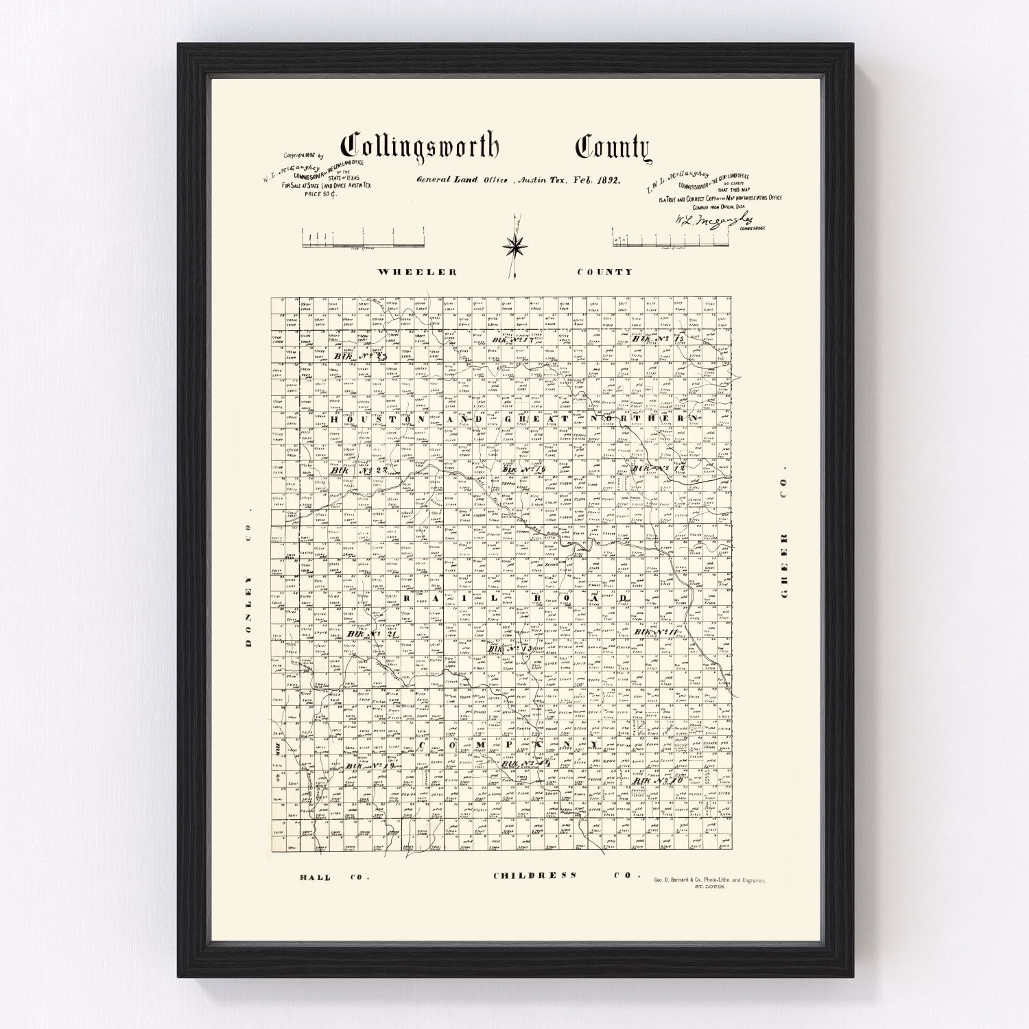 Vintage Map of Collingsworth County, Texas 1892