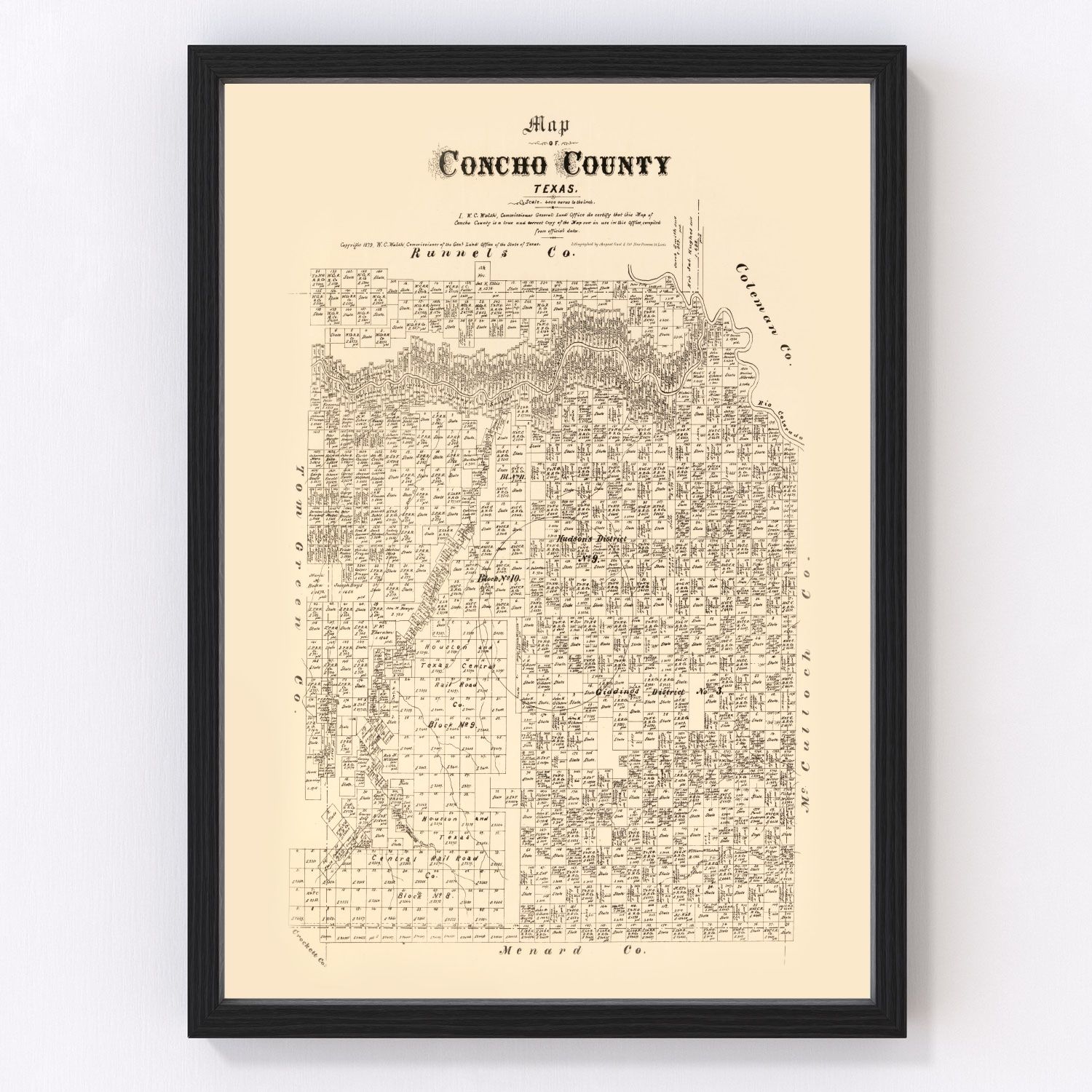 Vintage Map of Concho County, Texas 1879