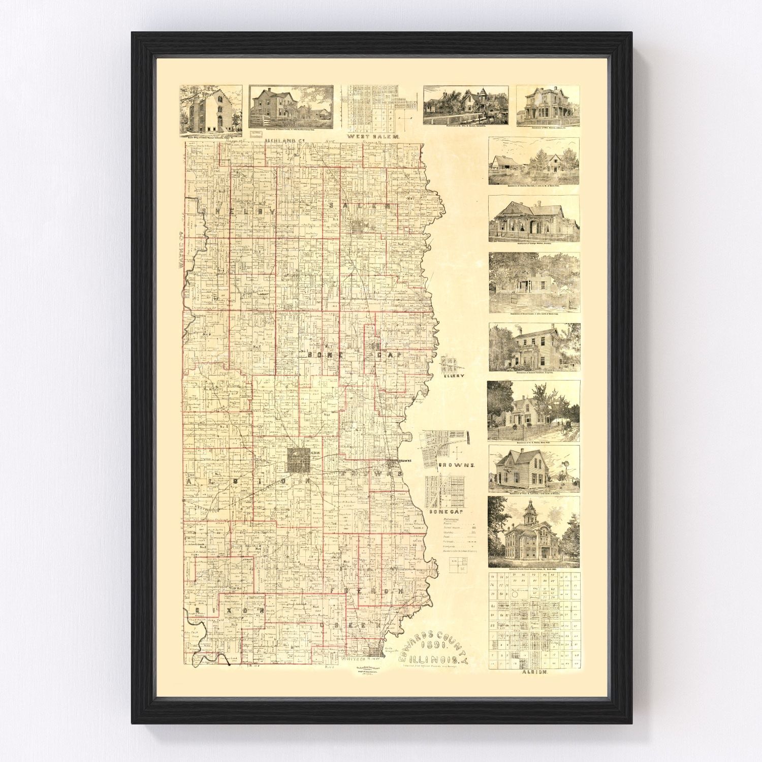 Vintage Map of Edwards County, Illinois 1891