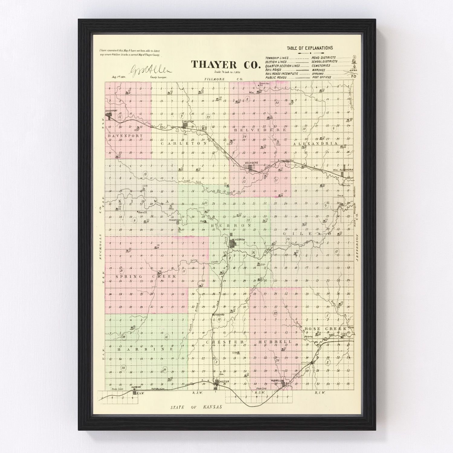 Vintage Map of Thayer County, Nebraska 1885