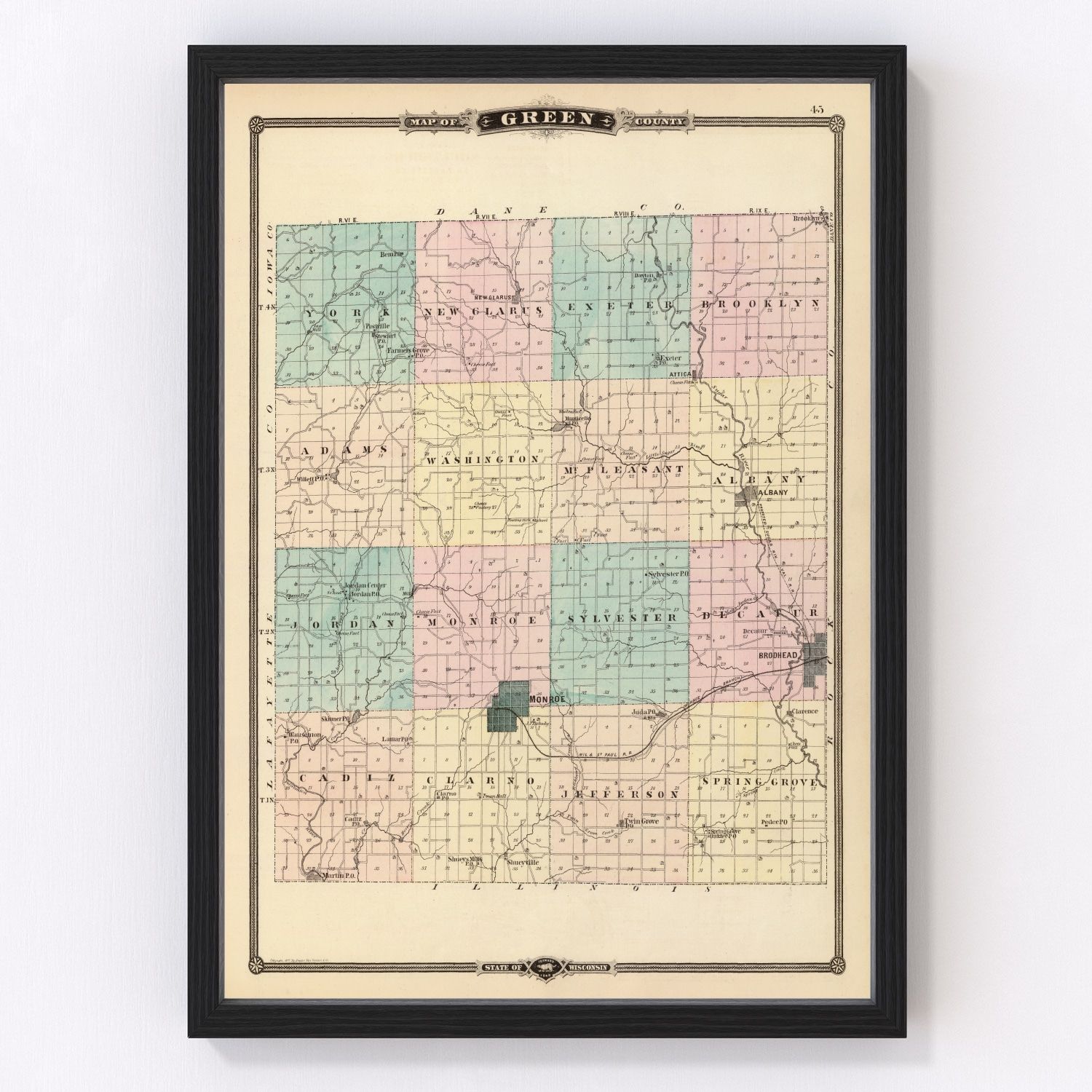Vintage Map of Green County, Wisconsin 1878