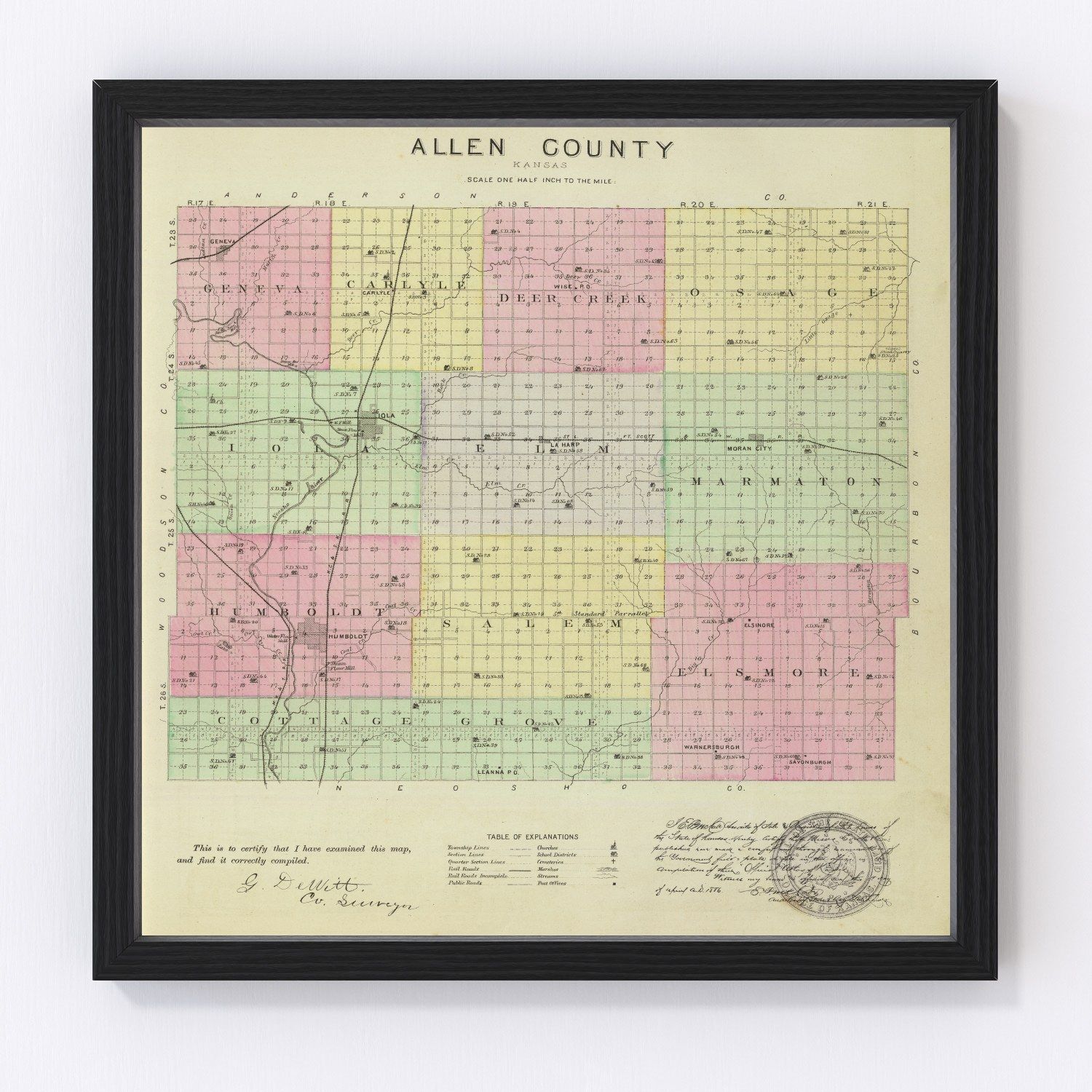Vintage Map of Allen County, Kansas 1887