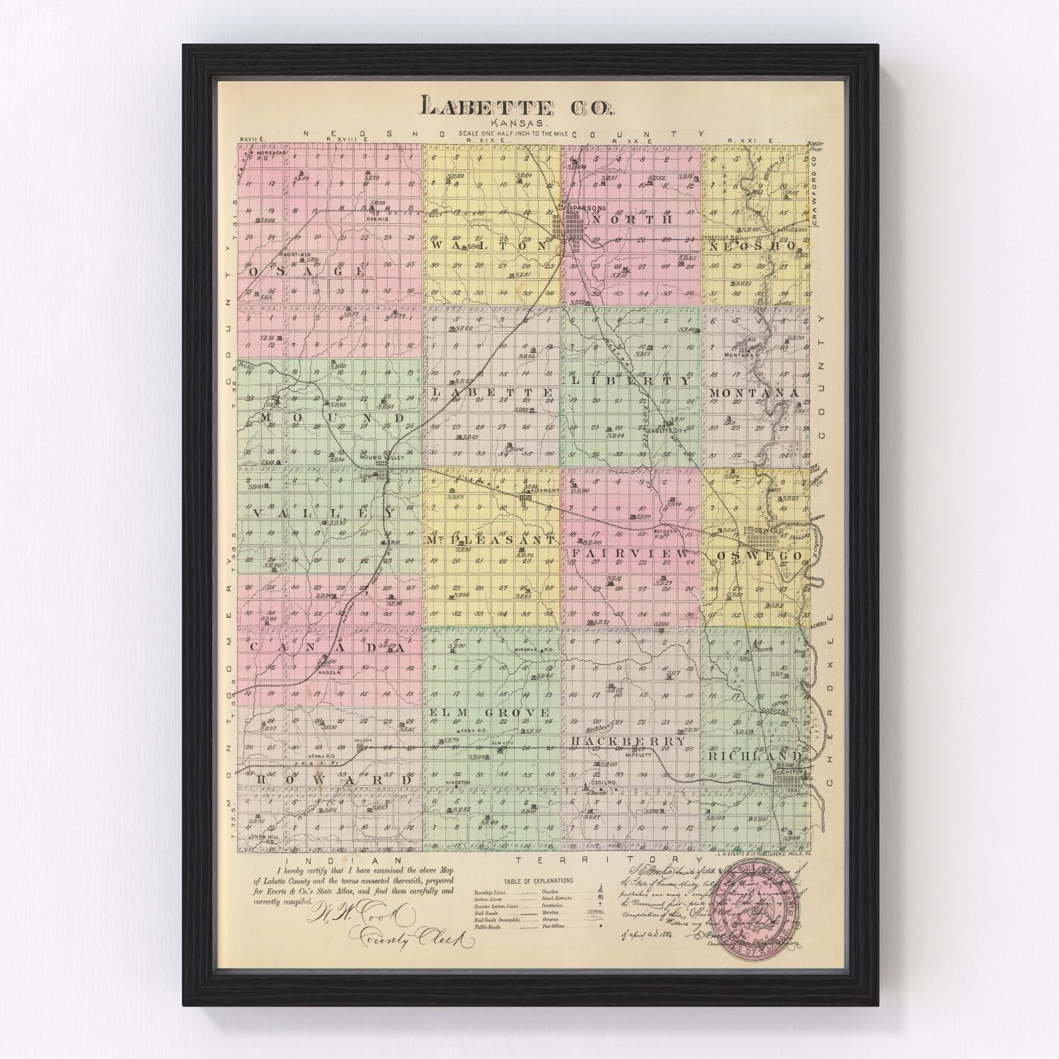 Vintage Map of Labette County, Kansas 1887
