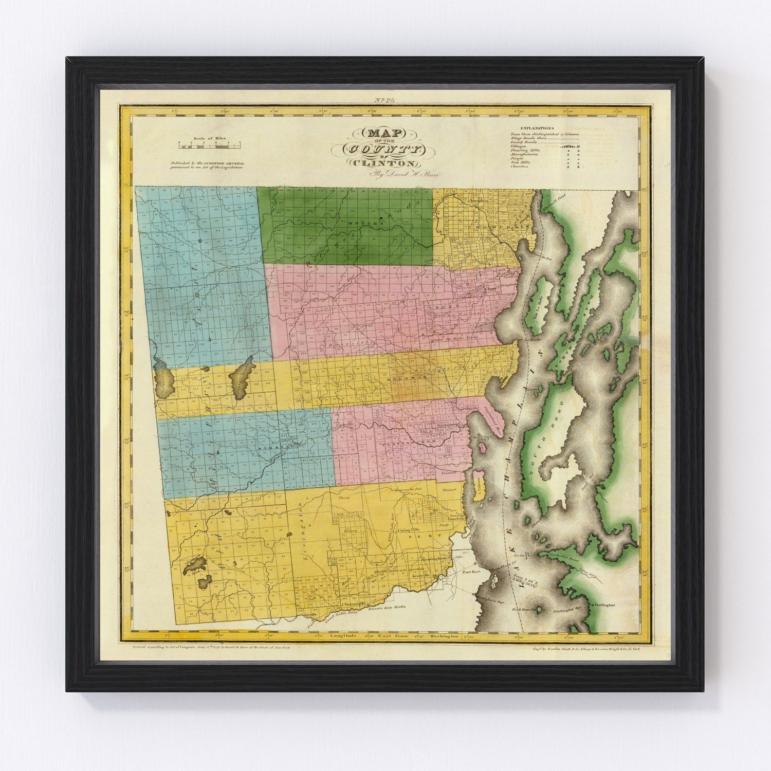 Vintage Map of Clinton County, New York 1829