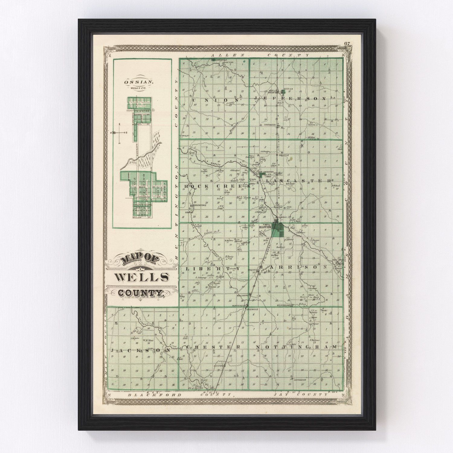 Vintage Map of Wells County, Indiana 1876