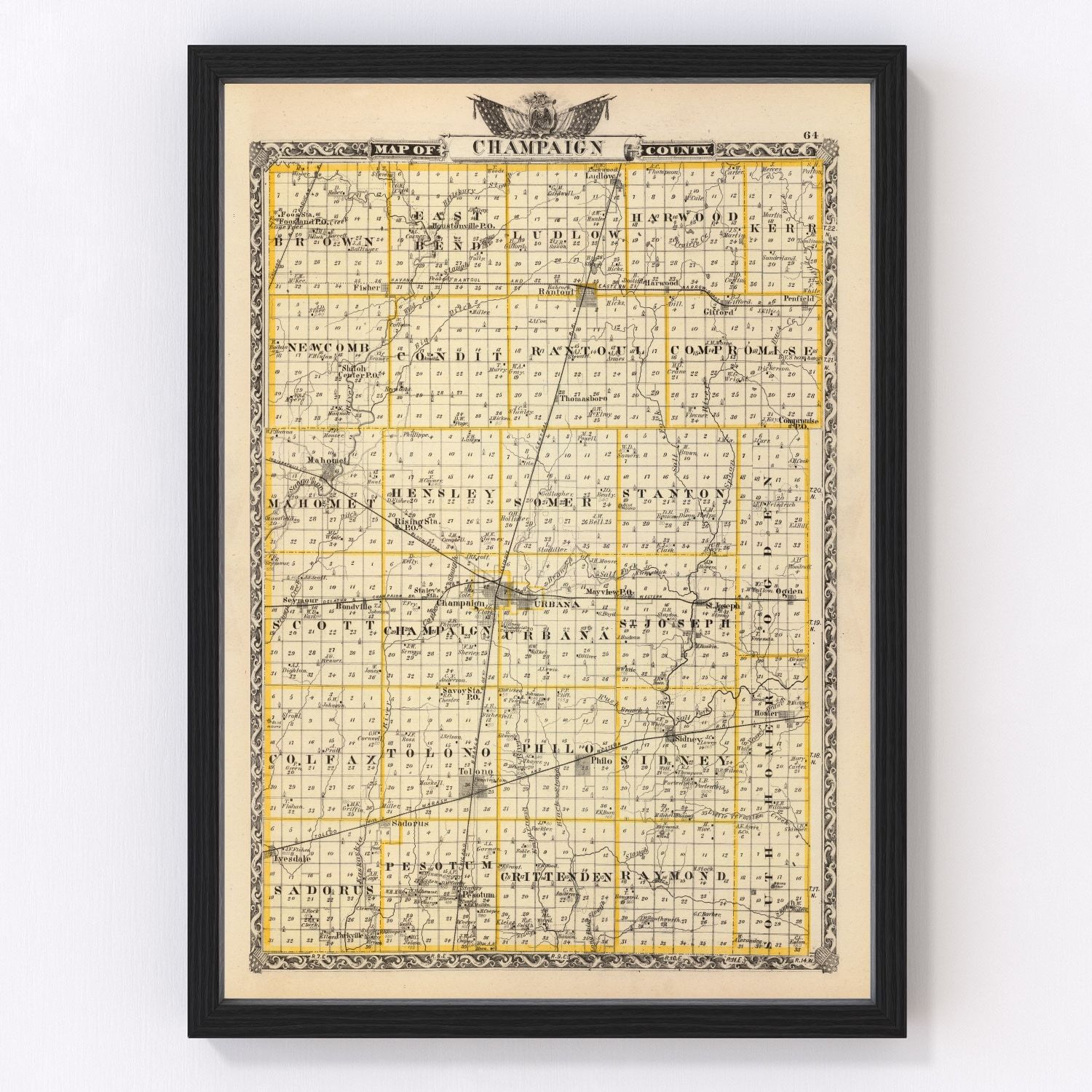Vintage Map of Champaign County, Illinois 1876