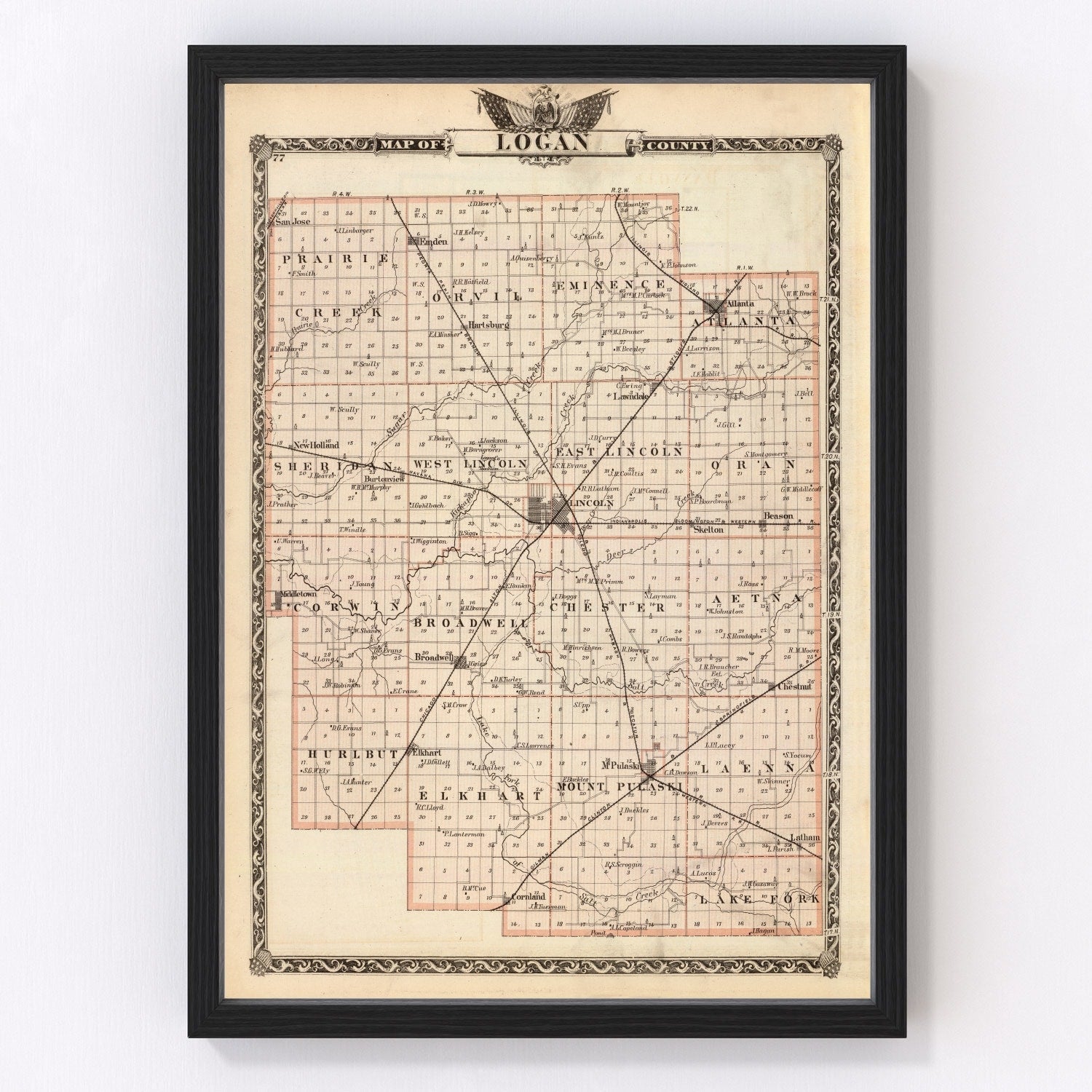 Vintage Map of Logan County, Illinois 1876