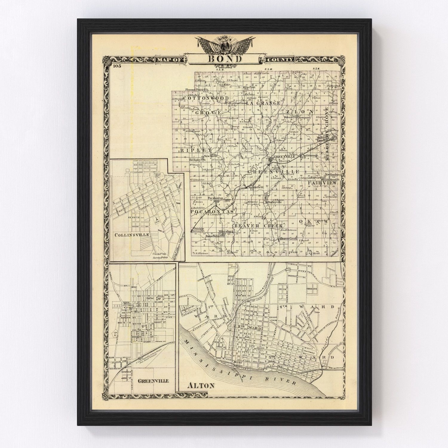 Vintage Map of Bond County, Illinois 1876
