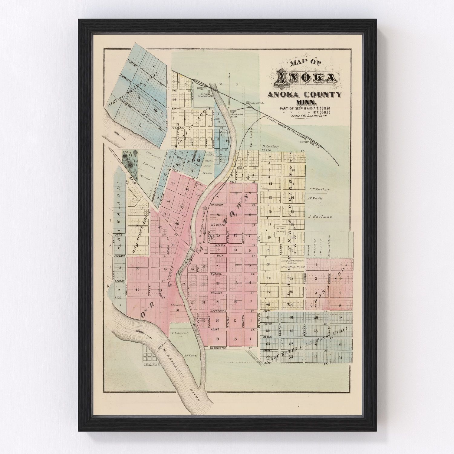 Vintage Map of Anoka, Minnesota 1874