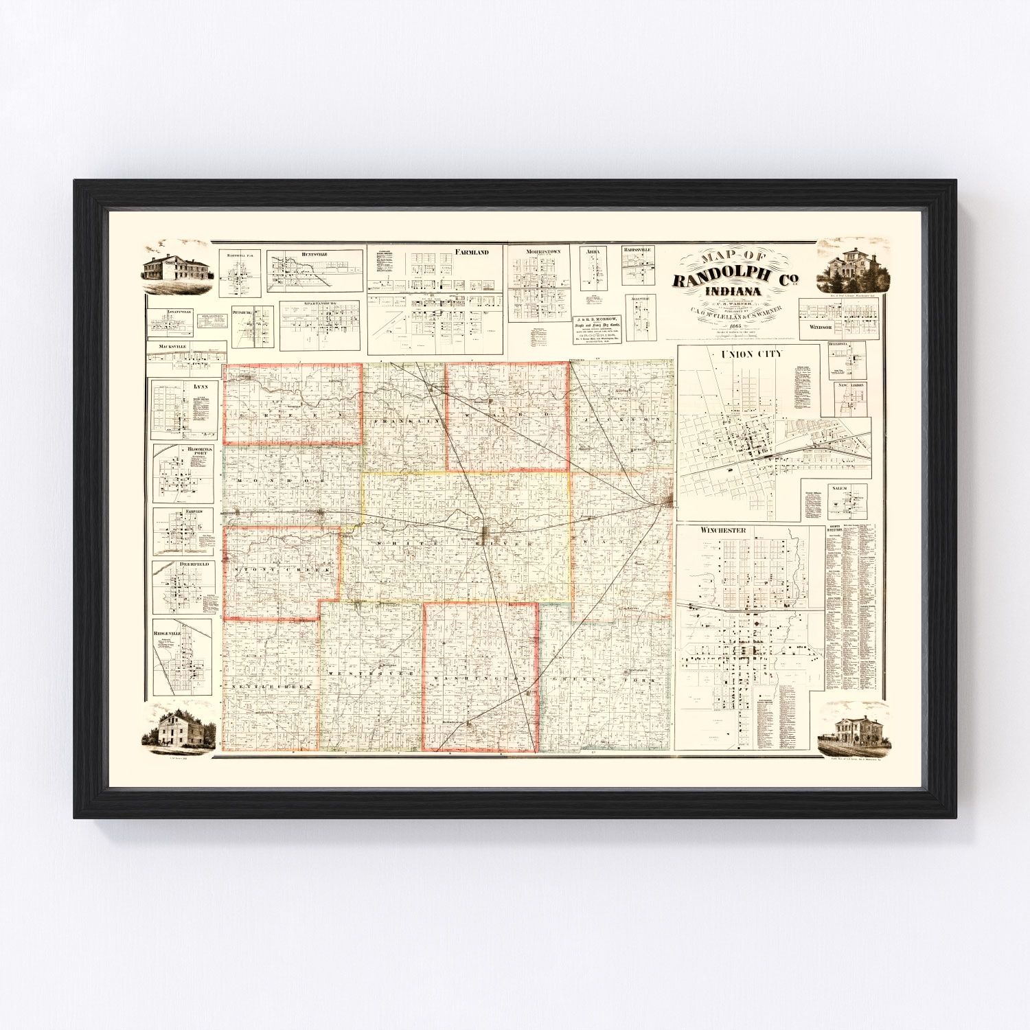 Vintage Map of Randolph County, Indiana 1865