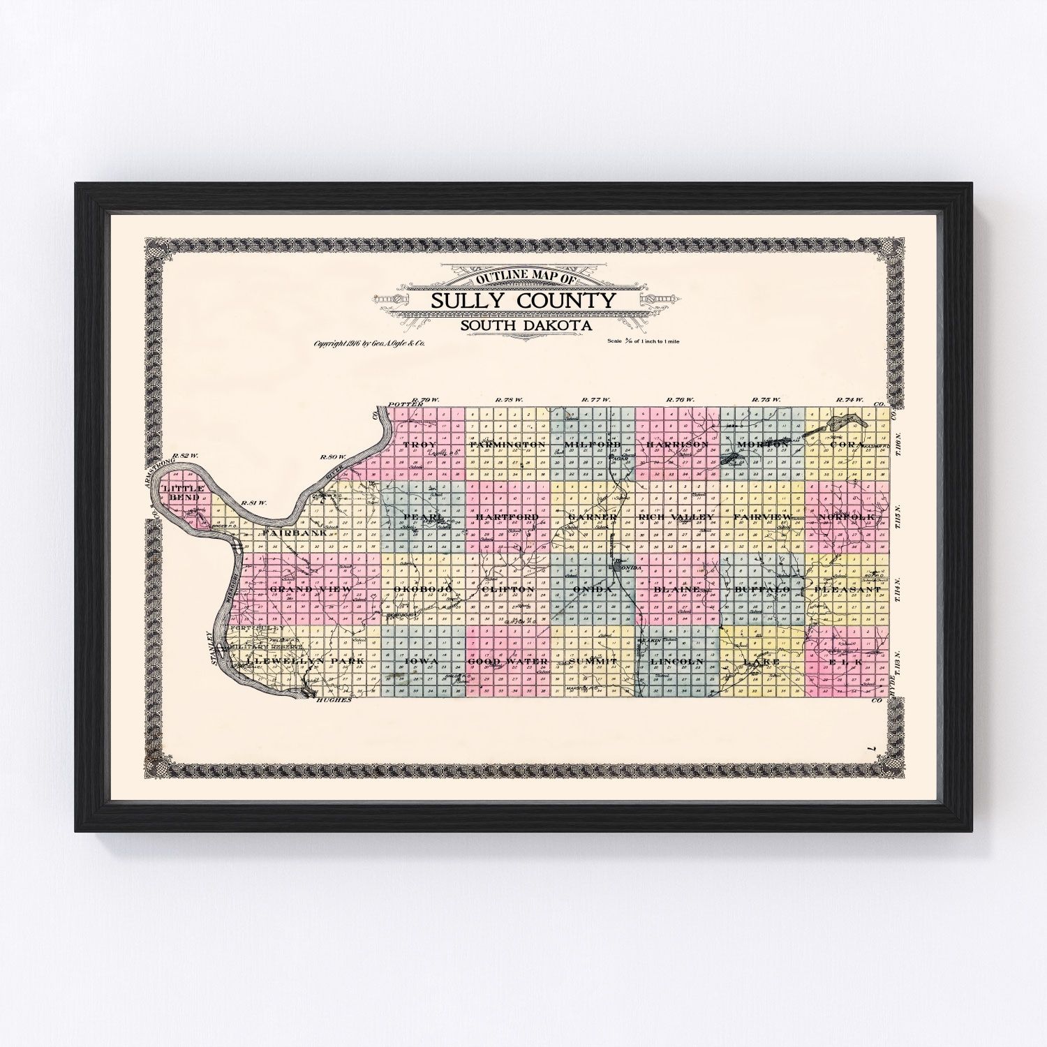 Vintage Map of Sully County, South Dakota 1916