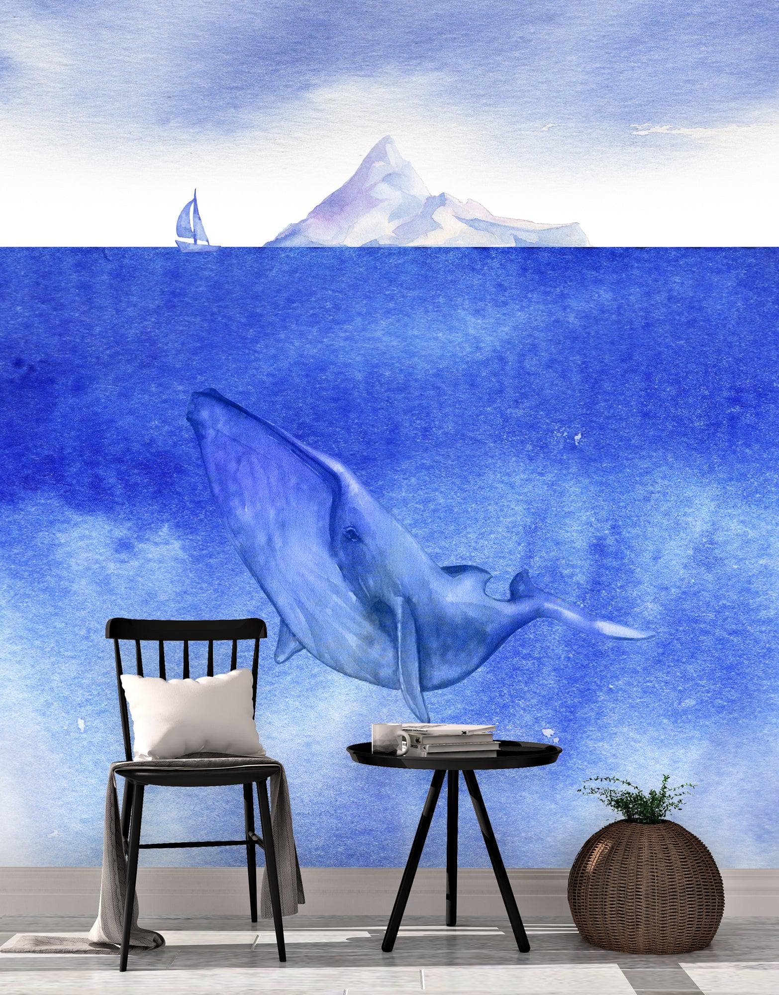 Whale in Ocean Wall Mural. Watercolor artwork of whale, island and sai