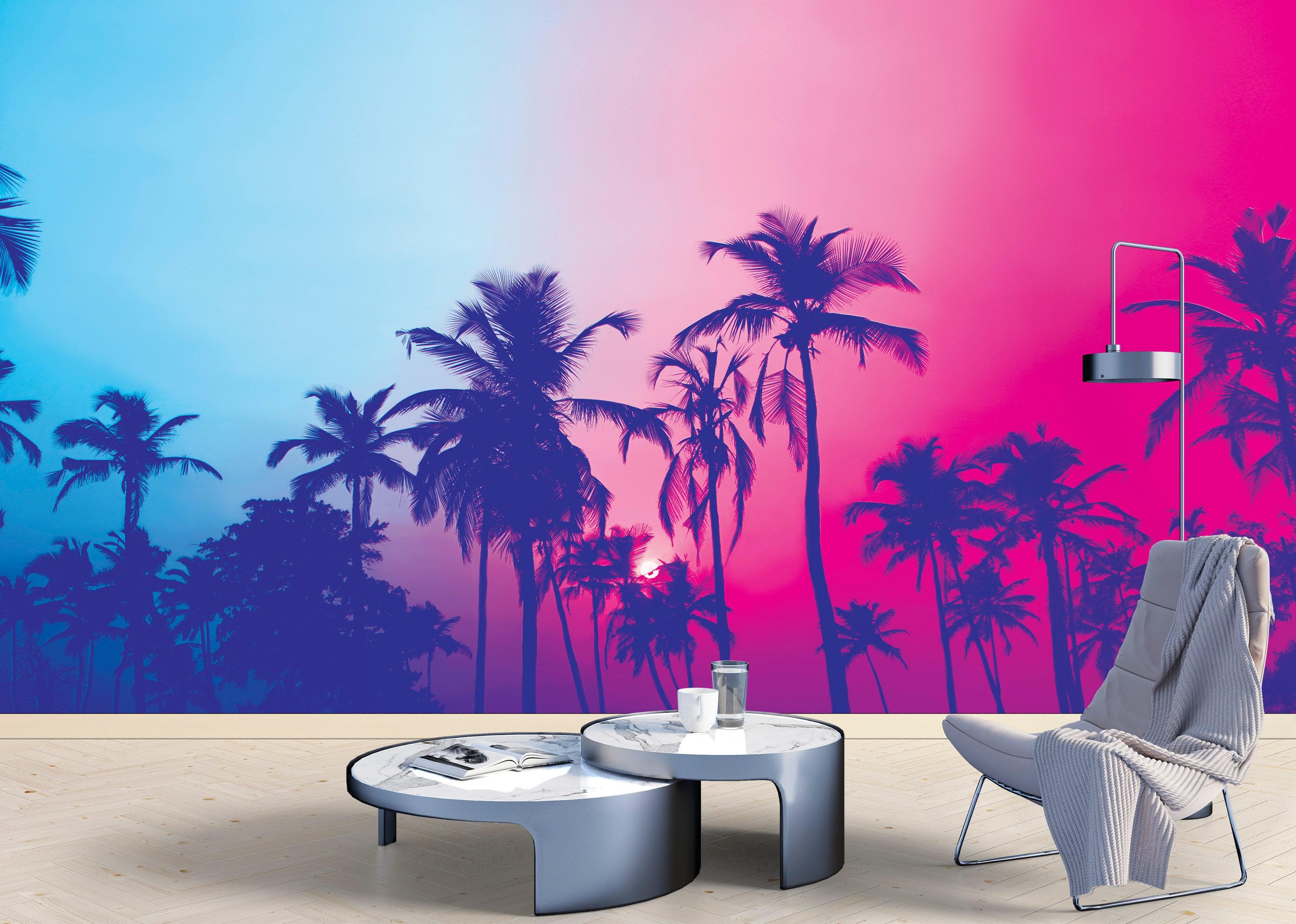 Miami Tropical Palm Tree Vice Color Wall Mural. Bright Miami Vice Blue