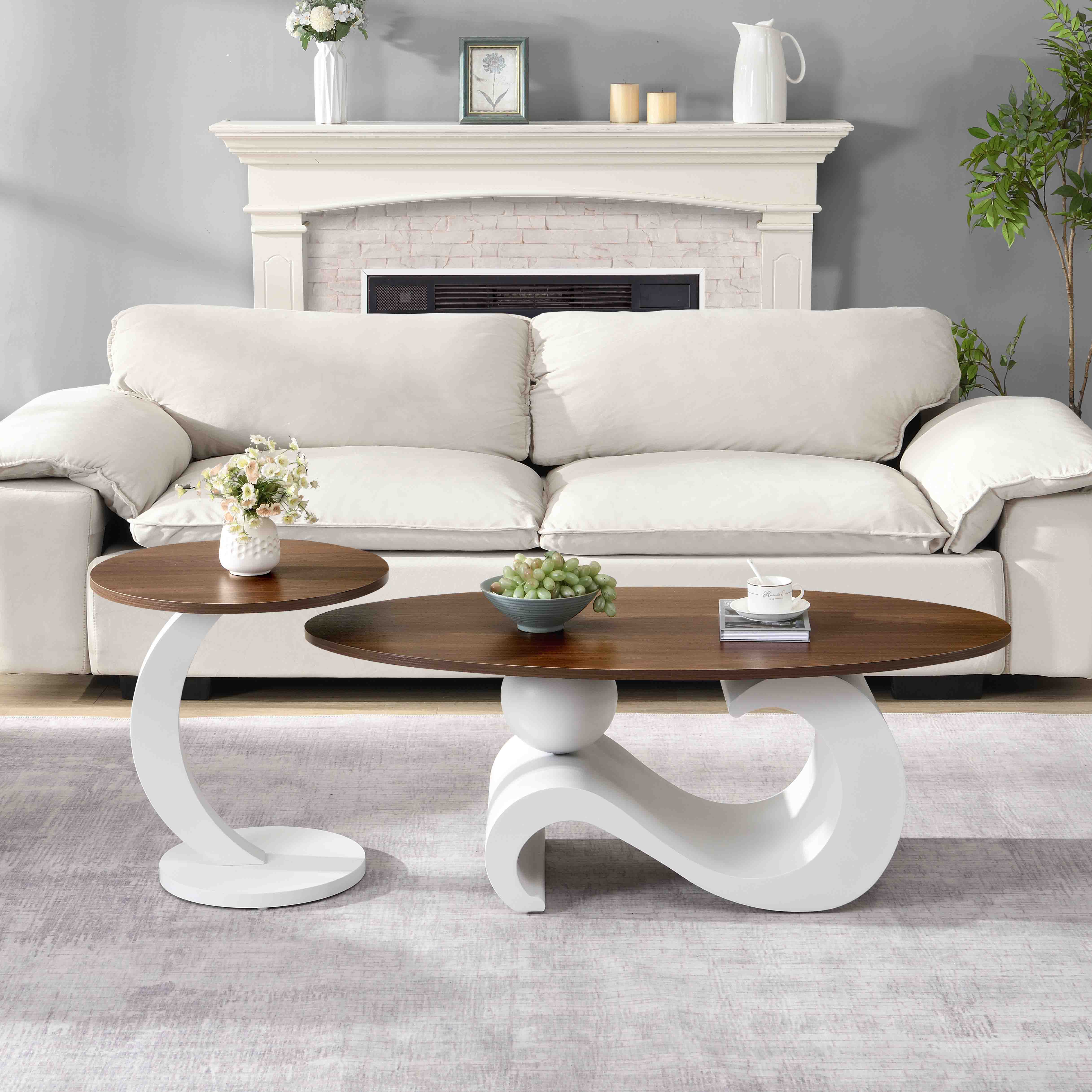 White Nesting Coffee Table Set of 2, Oral and Round Coffee Table Set,