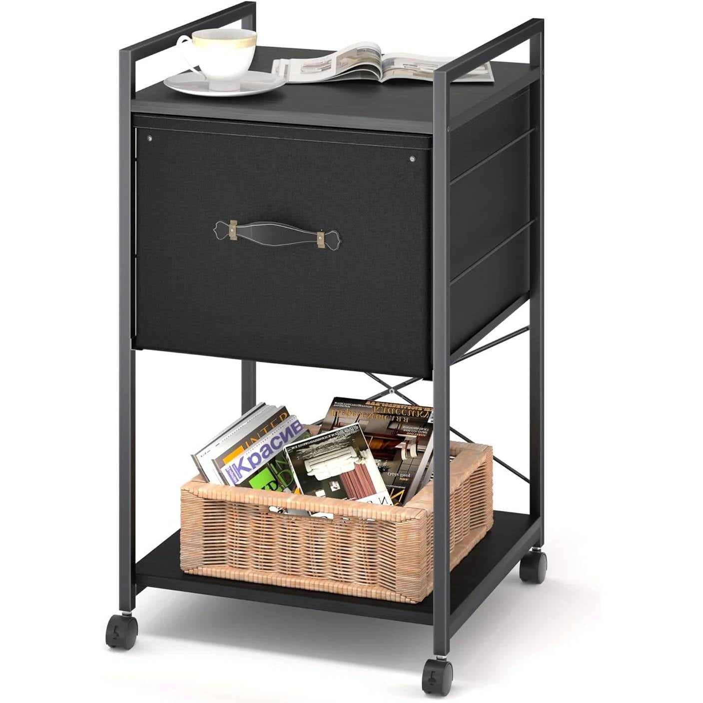 Black Wood Metal Printer Stand Table File Cabinet with Fabric Drawer o