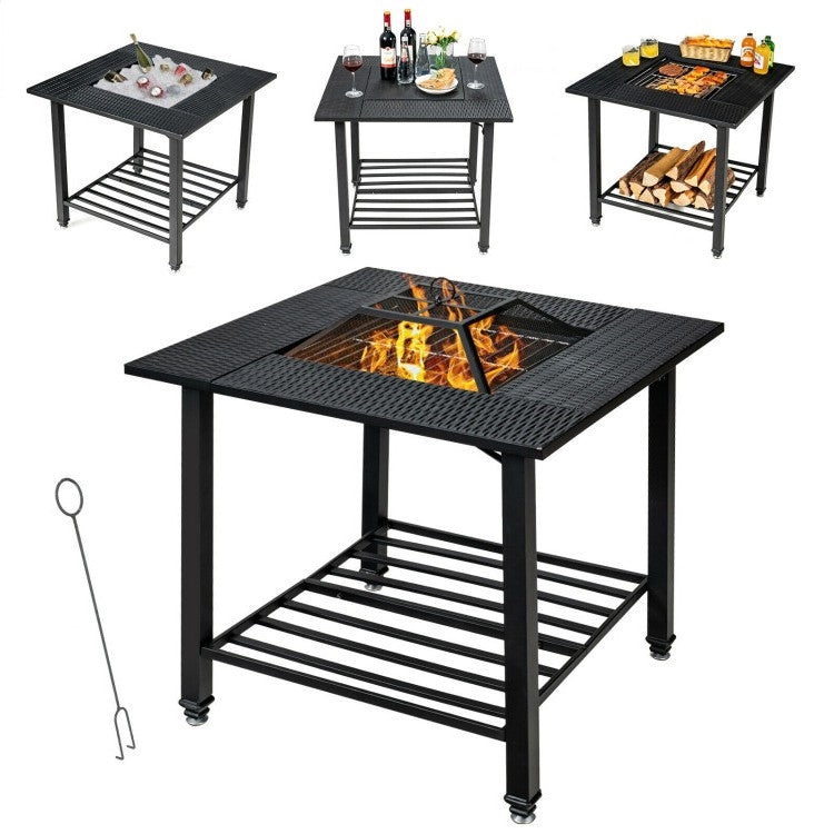 4 in 1 Square Fire Pit, Grill Cooking BBQ Grate, Ice Bucket, Dining Ta
