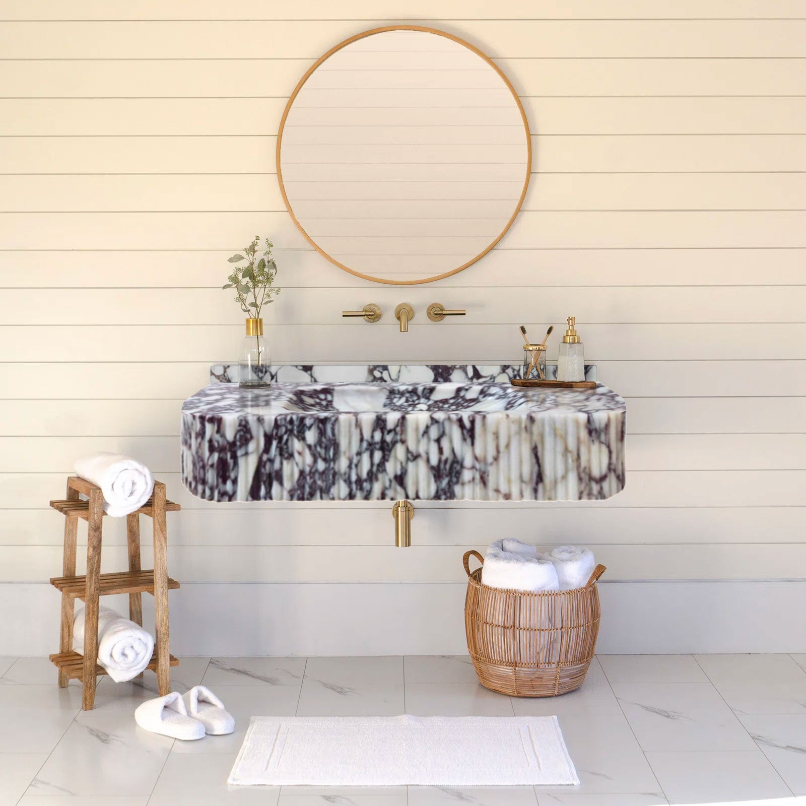 Calacatta Viola Marble Wall-mount Bathroom Vanity Sink Ribbed Textured