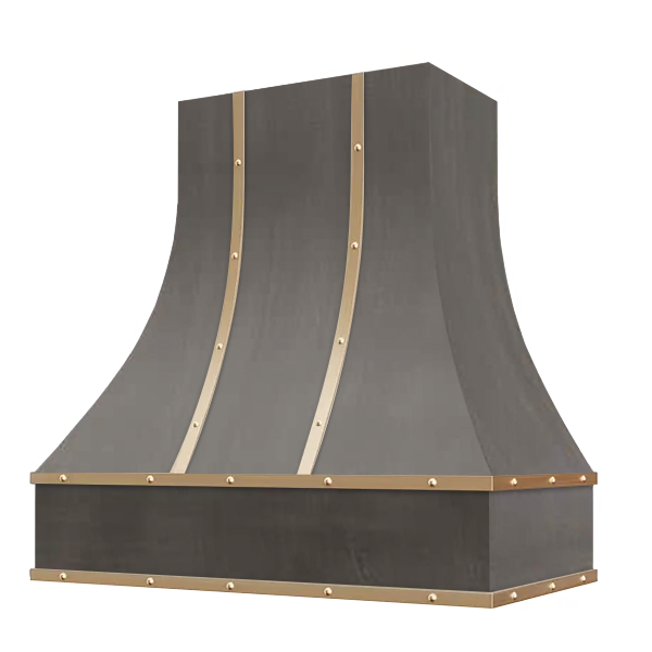 Stained Gray Range Hood With Curved Front, Brass Strapping and Buttons