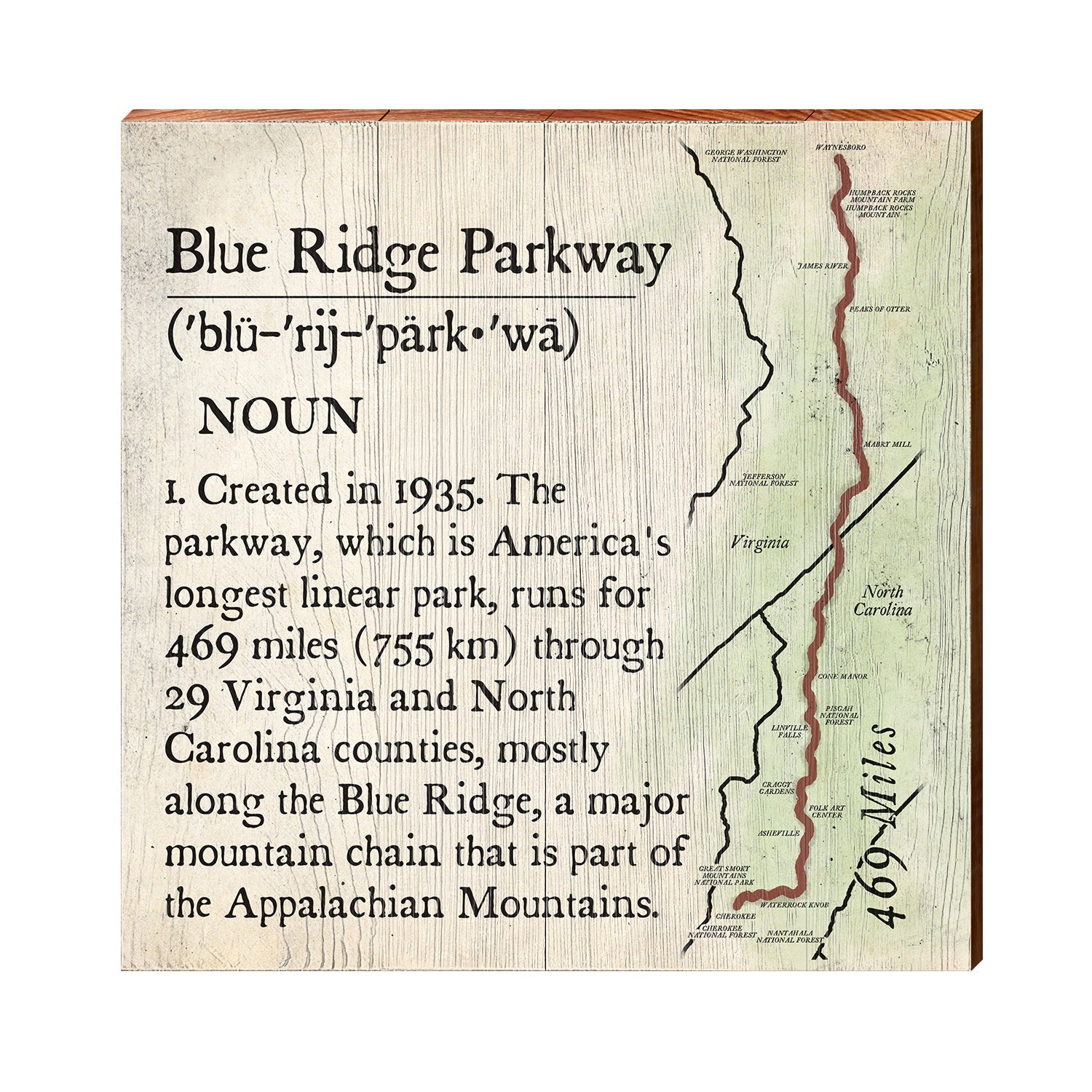 Blue Ridge Parkway Definition Wooden Sign | Wall Art Print on Real Woo