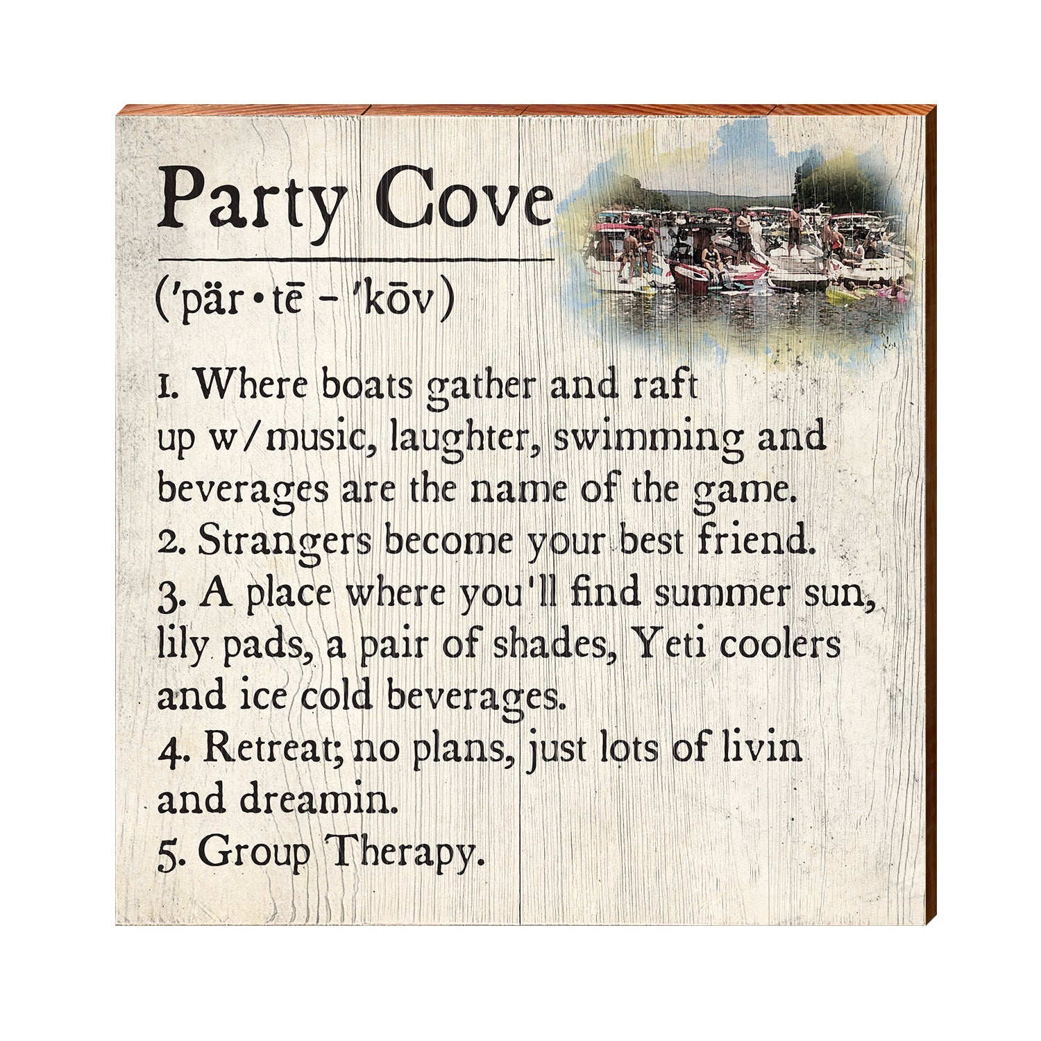 Party Cove Definition Wooden Sign | Wall Art Print on Real Wood | Lake