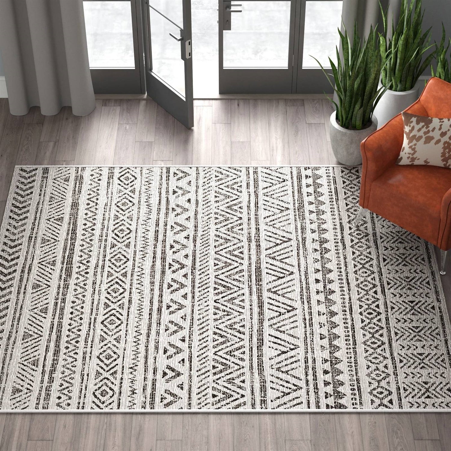 5 ft. x 8 ft. Black Off-White Chevron Coastal Boho Style Indoor Outdoo